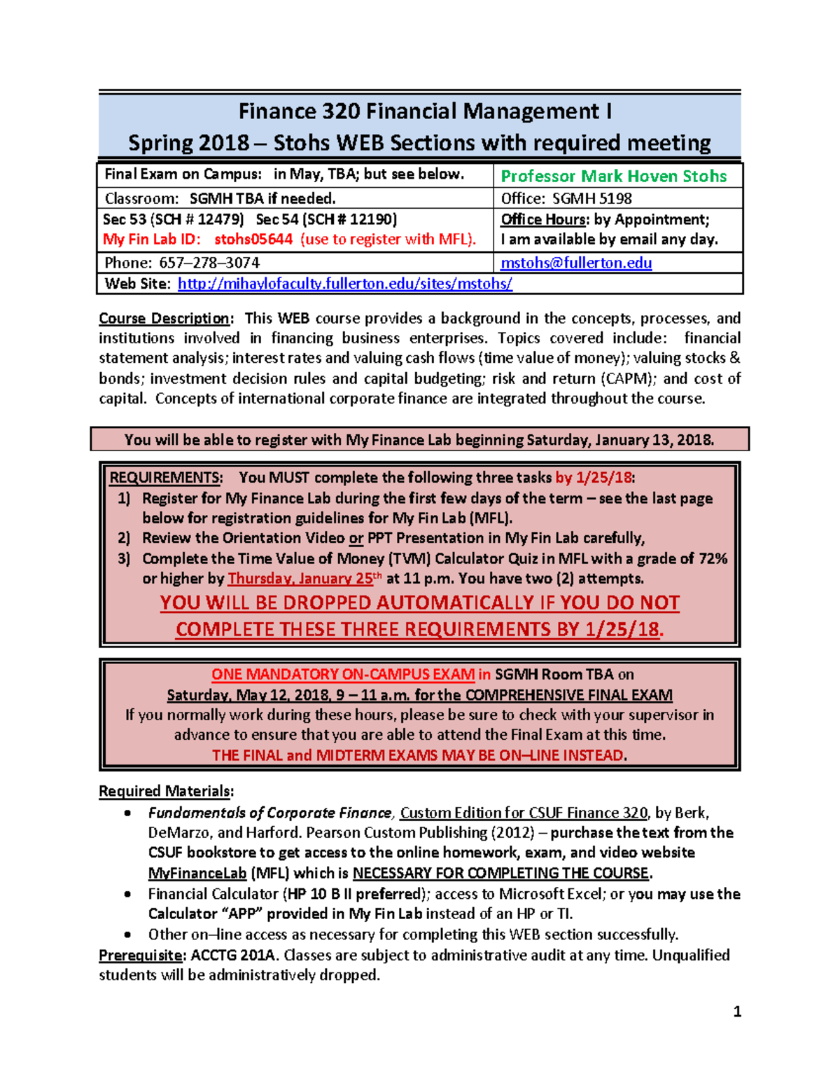 FIN 320 Syllabus - WEB Sections 53 54 Spring 2018 12479 12190 - Warning: TT: undefined function ...