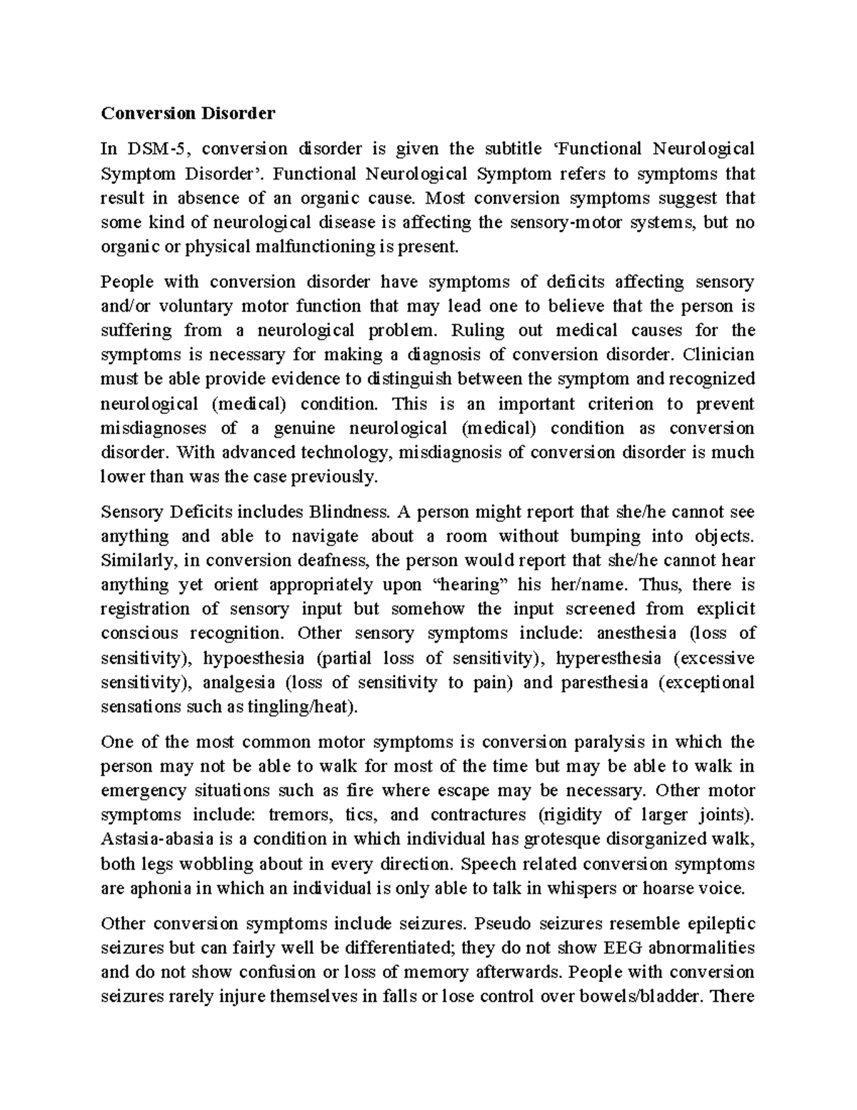 Conversion Disorder - Functional Neurological Symptom refers to ...