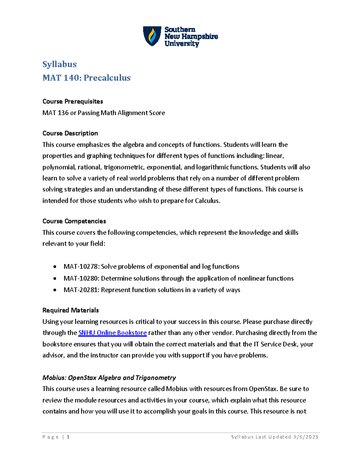 MAT 140 Syllabus - Syllabus MAT 140: Precalculus Course Prerequisites ...