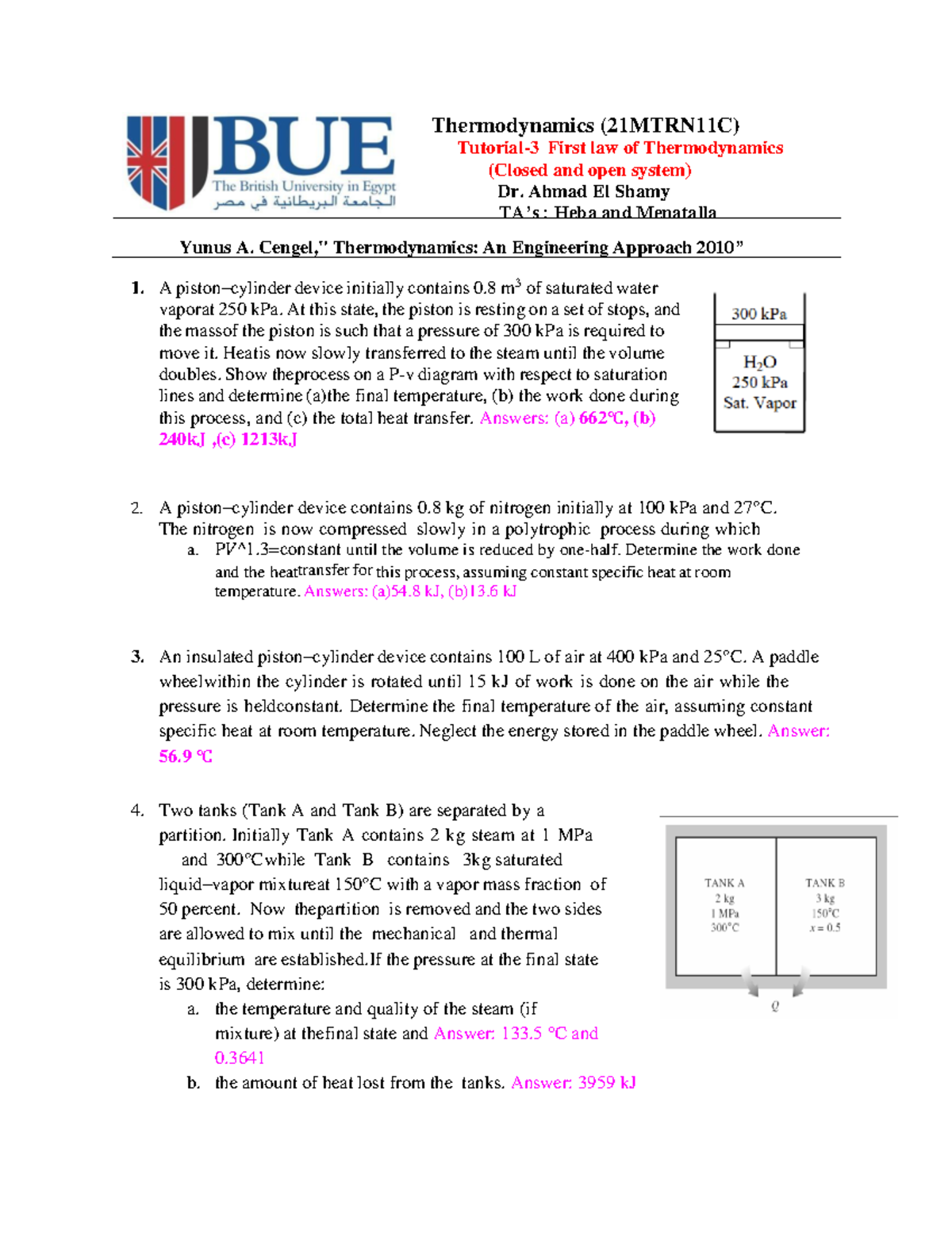 Tutorial 3 thermodynamics - Yunus A. Cengel," Thermodynamics: An Engineering Approach 2010” 1 ...