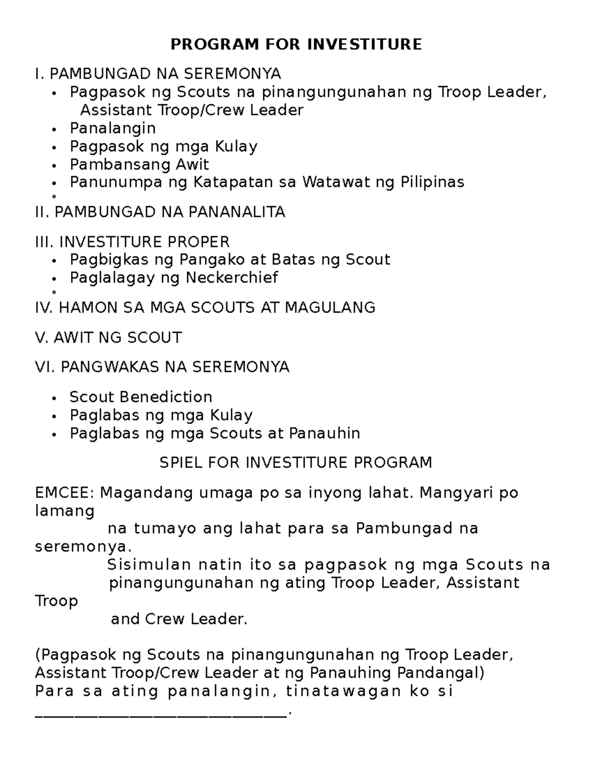 BSP Program FOR Investiture - PROGRAM FOR INVESTITURE I. PAMBUNGAD NA ...
