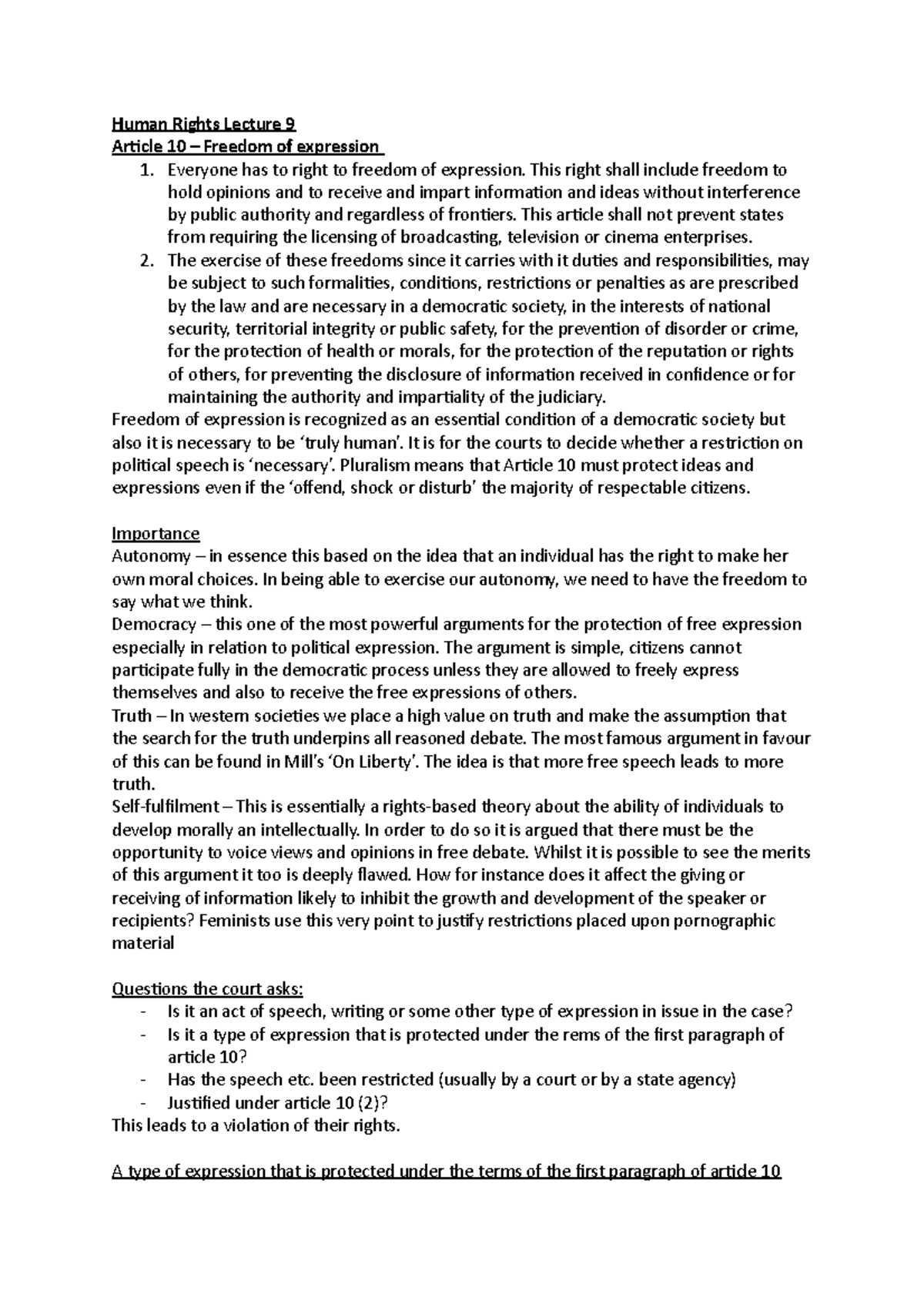 Human Rights Lecture 9 - Article 10 - freedom of expression -University ...
