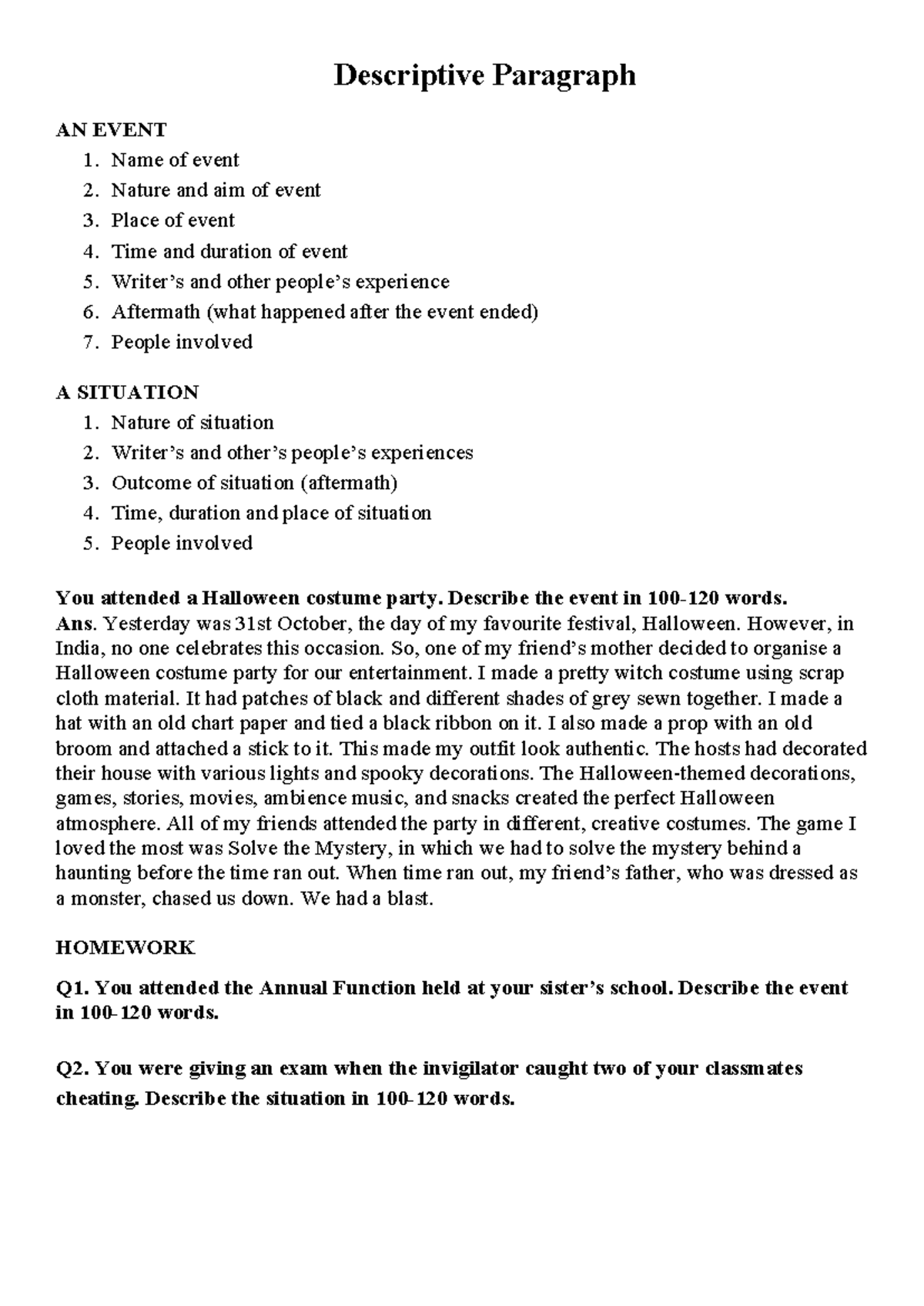 Descriptive Paragraph Class 9TH - Descriptive Paragraph AN EVENT Name of event Nature and aim of ...