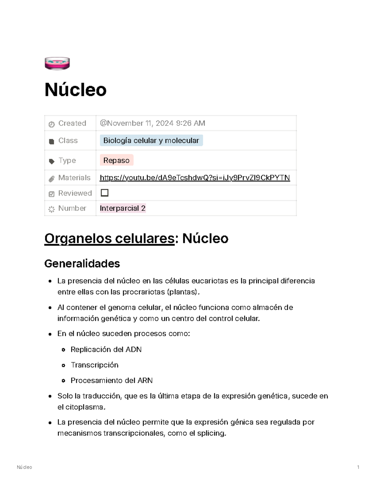 Núcleo - organelos celulares - 🧫 Núcleo Created Class Biología celular ...