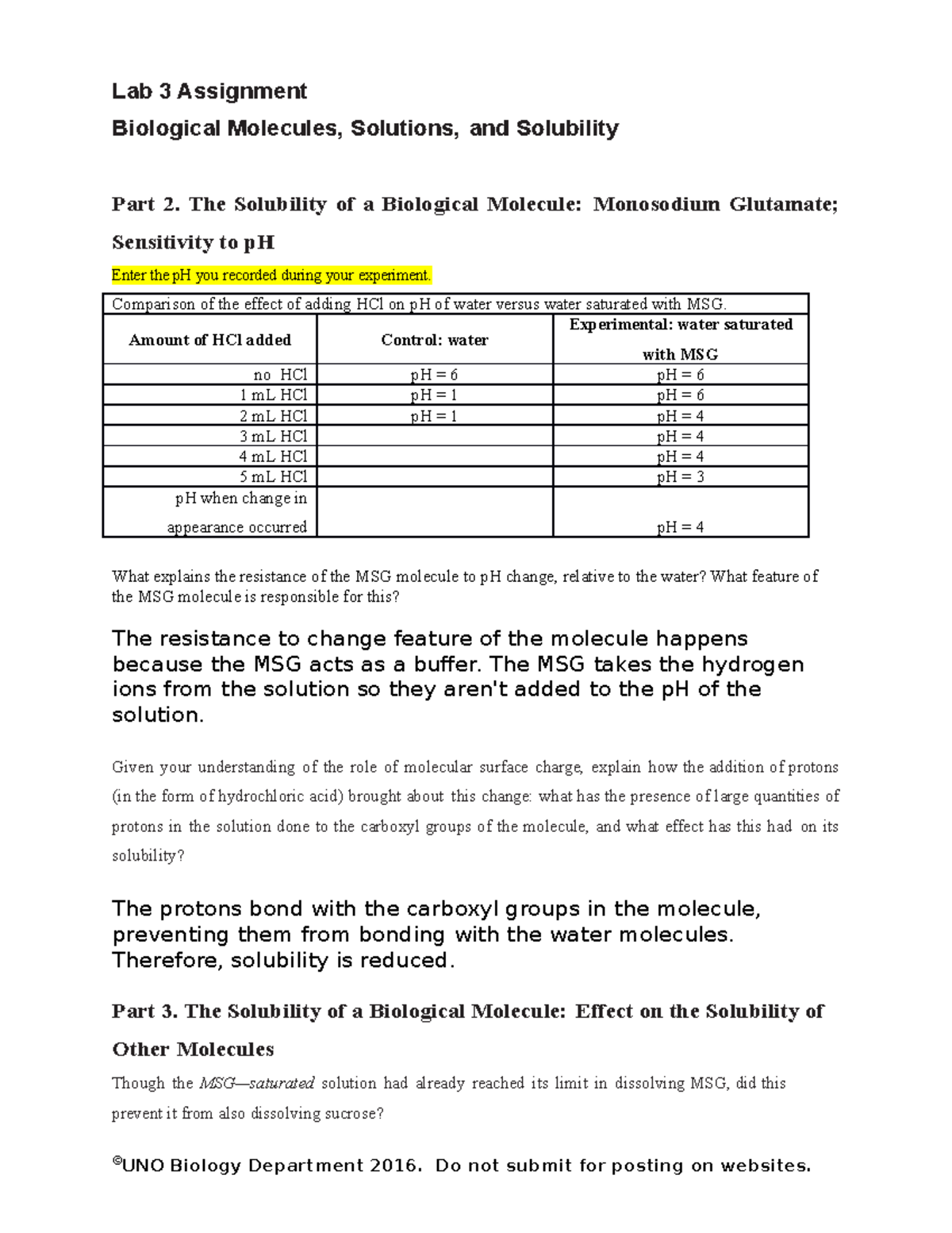 Lab 3 Assignment - Lab 3 Assignment Biological Molecules, Solutions ...