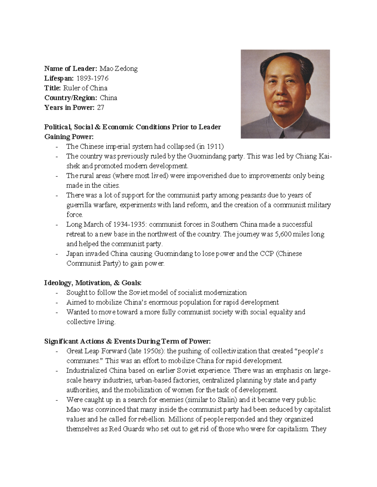 AP World Mao Zedong Leader Analysis - Name of Leader: Mao Zedong ...