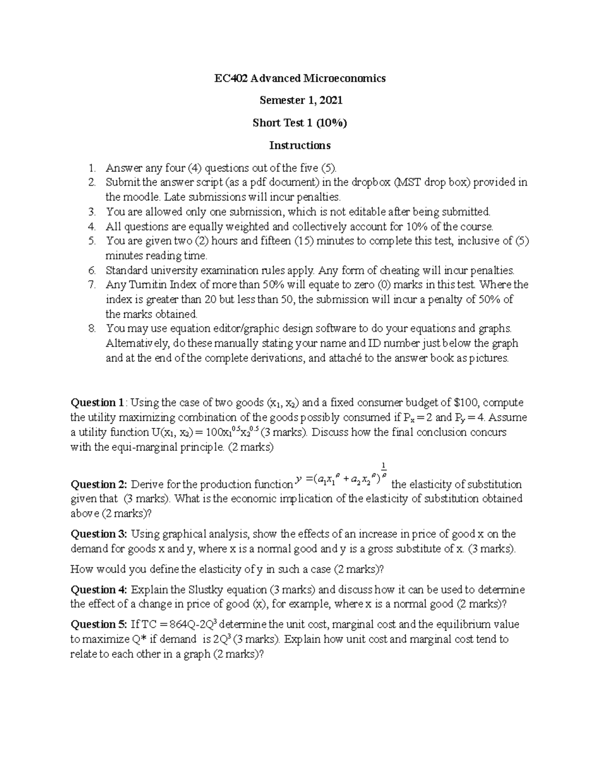 EC402 MST - N/A - EC402 Advanced Microeconomics Semester 1, 2021 Short ...