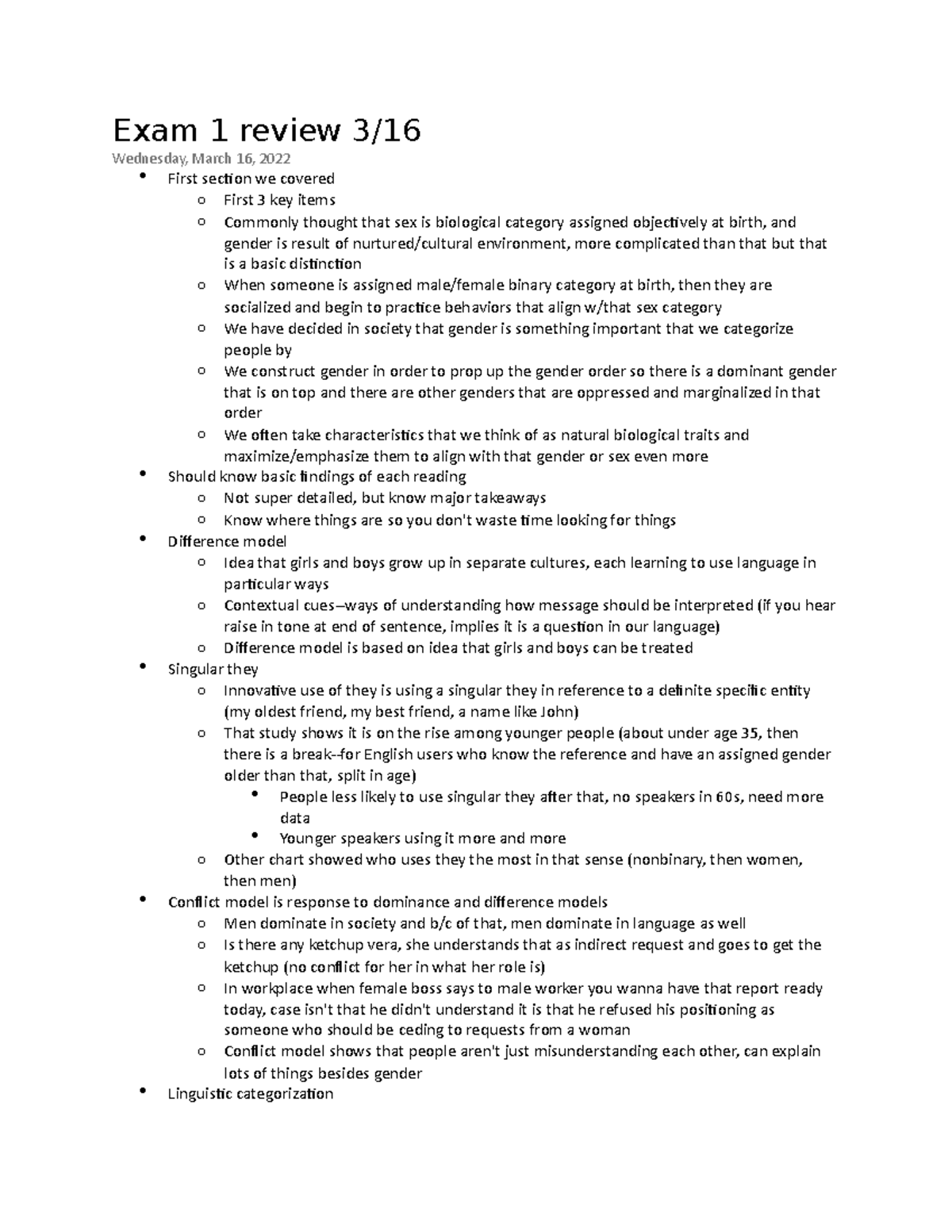 Exam 1 Study Guide - Exam 1 review 3/ Wednesday, March 16, 2022 First ...