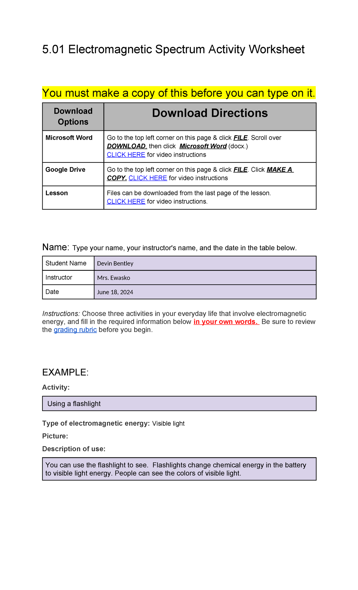 Copy of 5.01 Electromagnetic Spectrum Activity Worksheet - 5 Electromagnetic Spectrum Activity ...