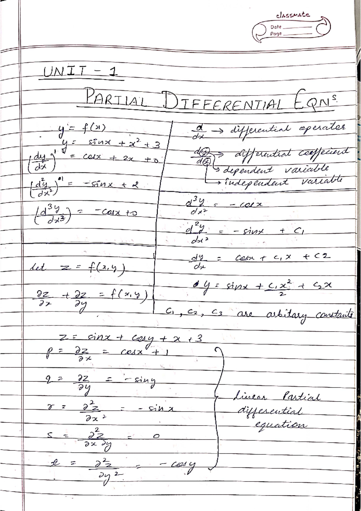 Maths complete notes - classmate Date Page UNIT 1 PARTIAL DIFFERENTIAL ...