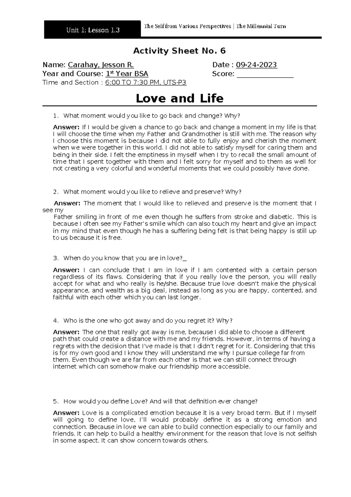 ACT 6 - UTS - This is an activity under UTS that is required to be answered. - Unit 1: Lesson 1 ...