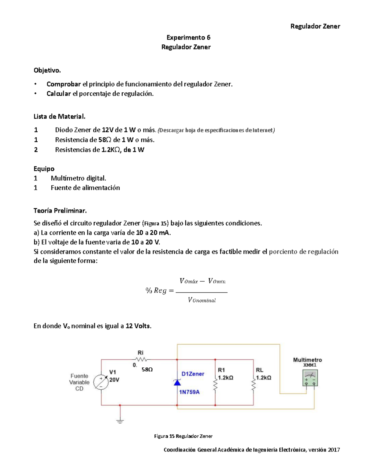 Practica 6 - Regulador Zener M - Regulador Zener Coordinación General ...