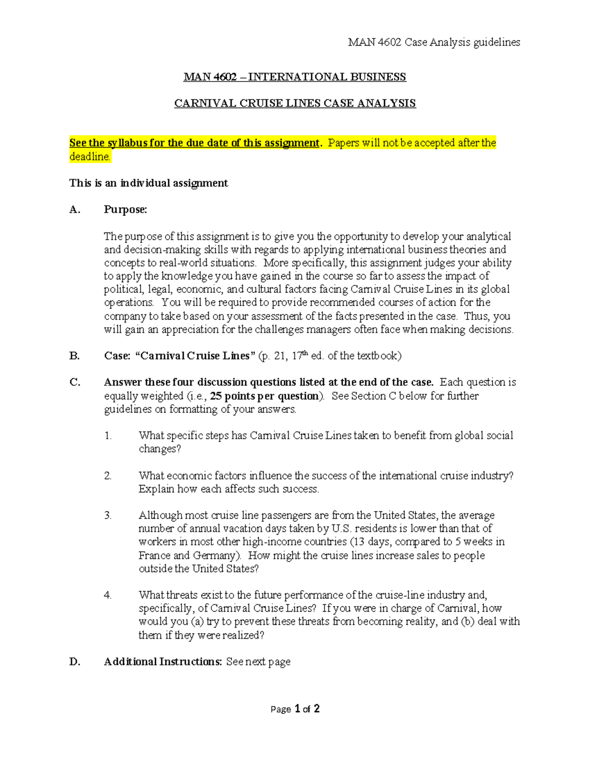 4602 Carnival case questions and guidelines Fall 2024 - MAN 4602 Case ...