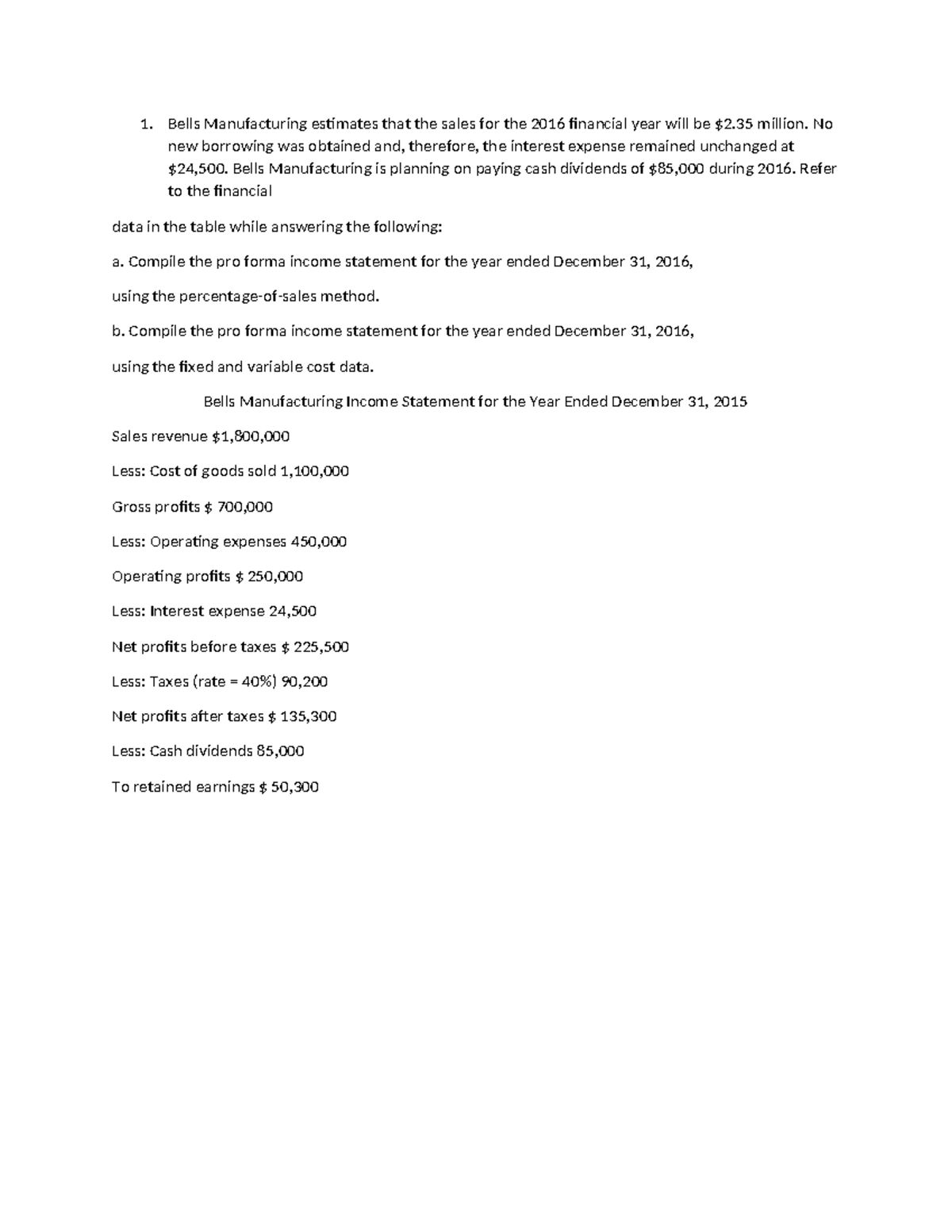 New assigment 1300 cash budget and pro forma 2024 - Bells Manufacturing ...