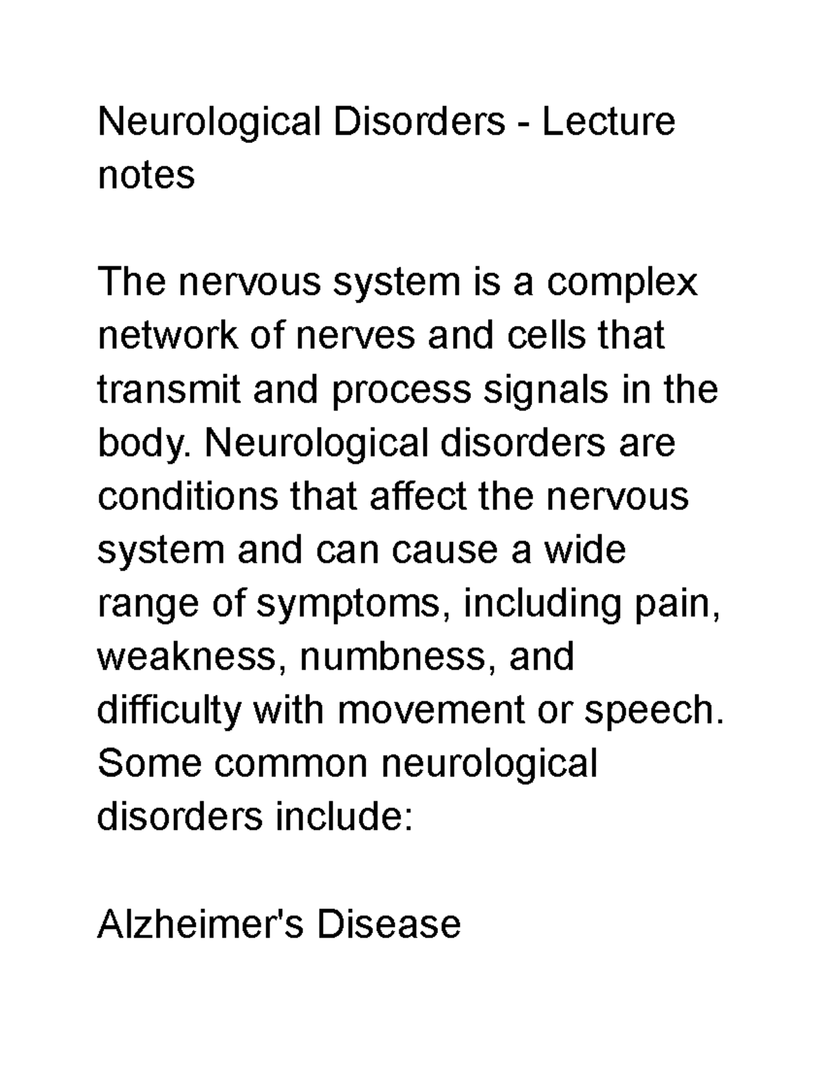 Neurological Disorders - Lecture notes - Google Docs - Neurological ...