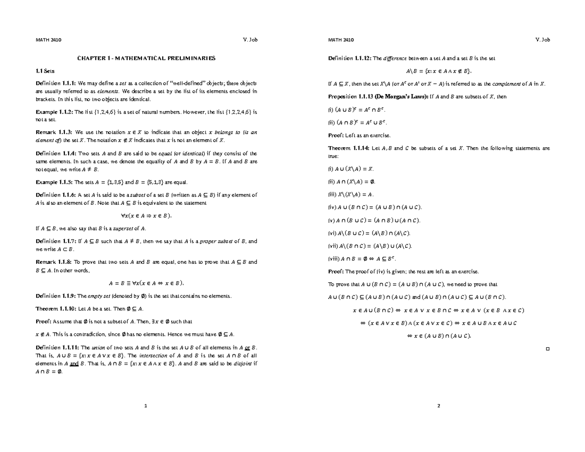 MATH 2410 Chapter 1 - Mathematical Preliminaries - CHAPTER 1 ...