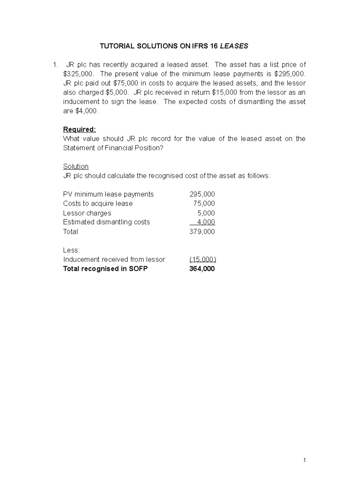 Tutorial - Leases solutions - TUTORIAL SOLUTIONS ON IFRS 16 LEASES JR plc has recently acquired ...