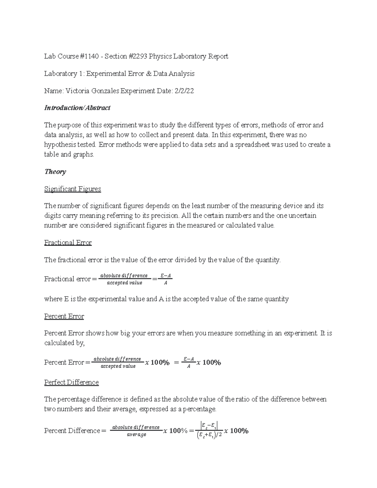 Phys Lab 1 - physics lab 1 report - Lab Course #1140 - Section #2293 ...