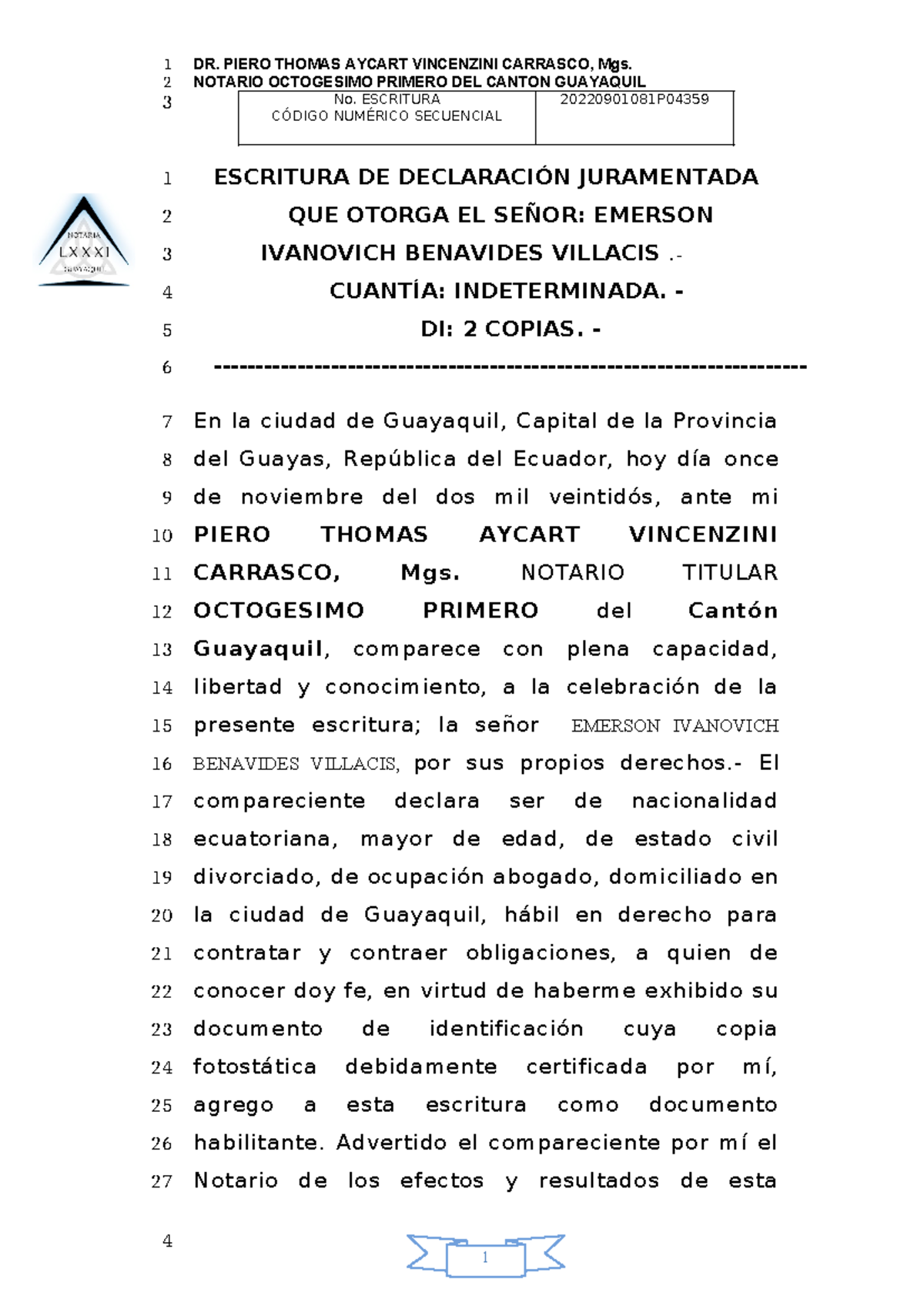 1 Declaracion Juramentada Emerson Ivanovich Benavides Villacis - 1 DR ...