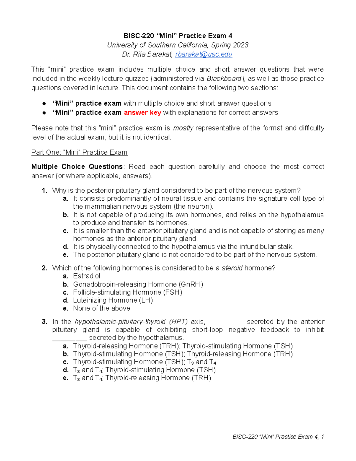 Barakat BISC-220 Mini Practice Exam 4 - BISC-220 “Mini” Practice Exam 4 ...