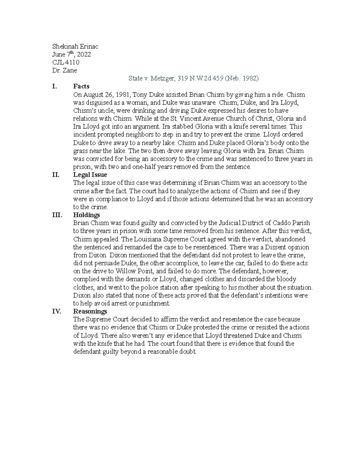 Chapter 7 Case Briefing - Shekinah Erinac June 7th, 2022 CJL 4110 Dr ...