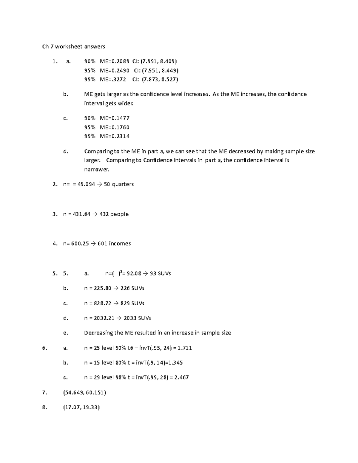 CH 7 worksheet answers (1) - Ch 7 worksheet answers a. 90% ME=0 CI: (7 ...