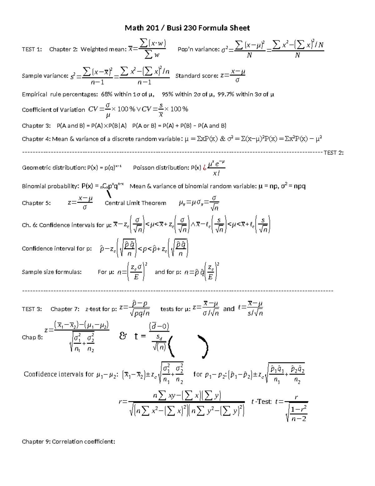 Math 201 Formula Sheet w Tables - Math 201 / Busi 230 Formula Sheet ...