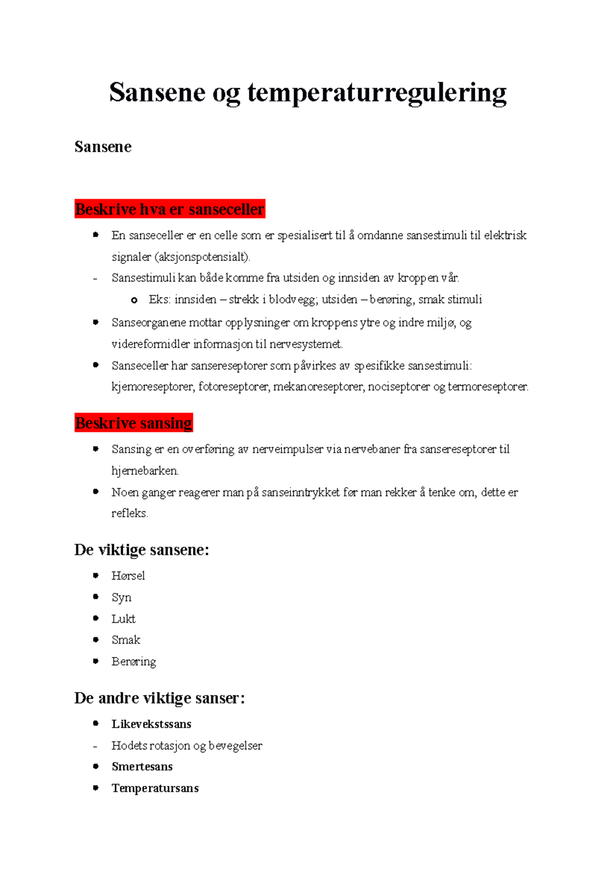 Notat - Sansene og temperaturregulering - Sansene og ...