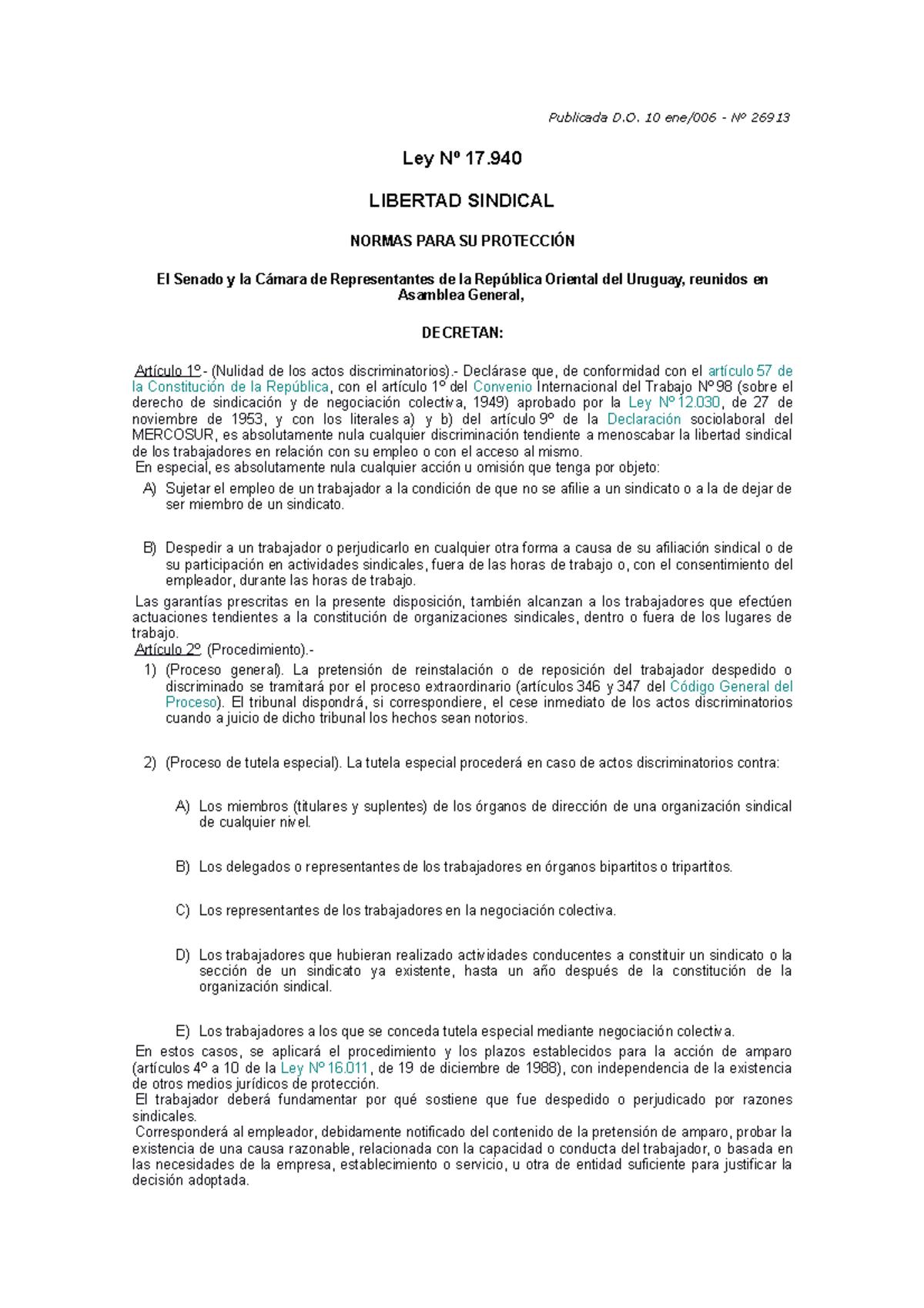 Ley 17.940.Libertad sindical - Publicada D. 10 ene/006 - Nº 26913 Ley ...