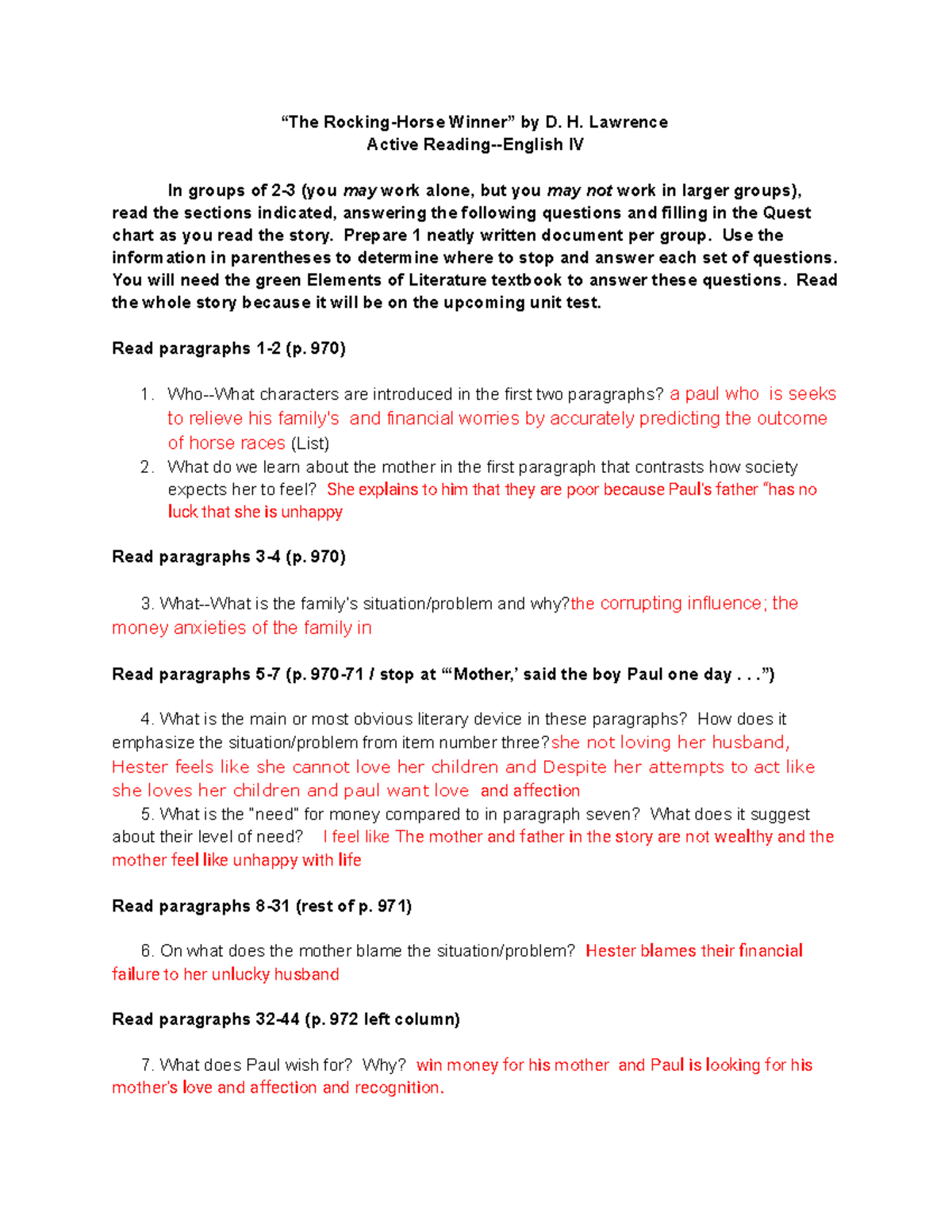 Copy of The Rocking-Horse Winner” Active Reading English IV - “The ...