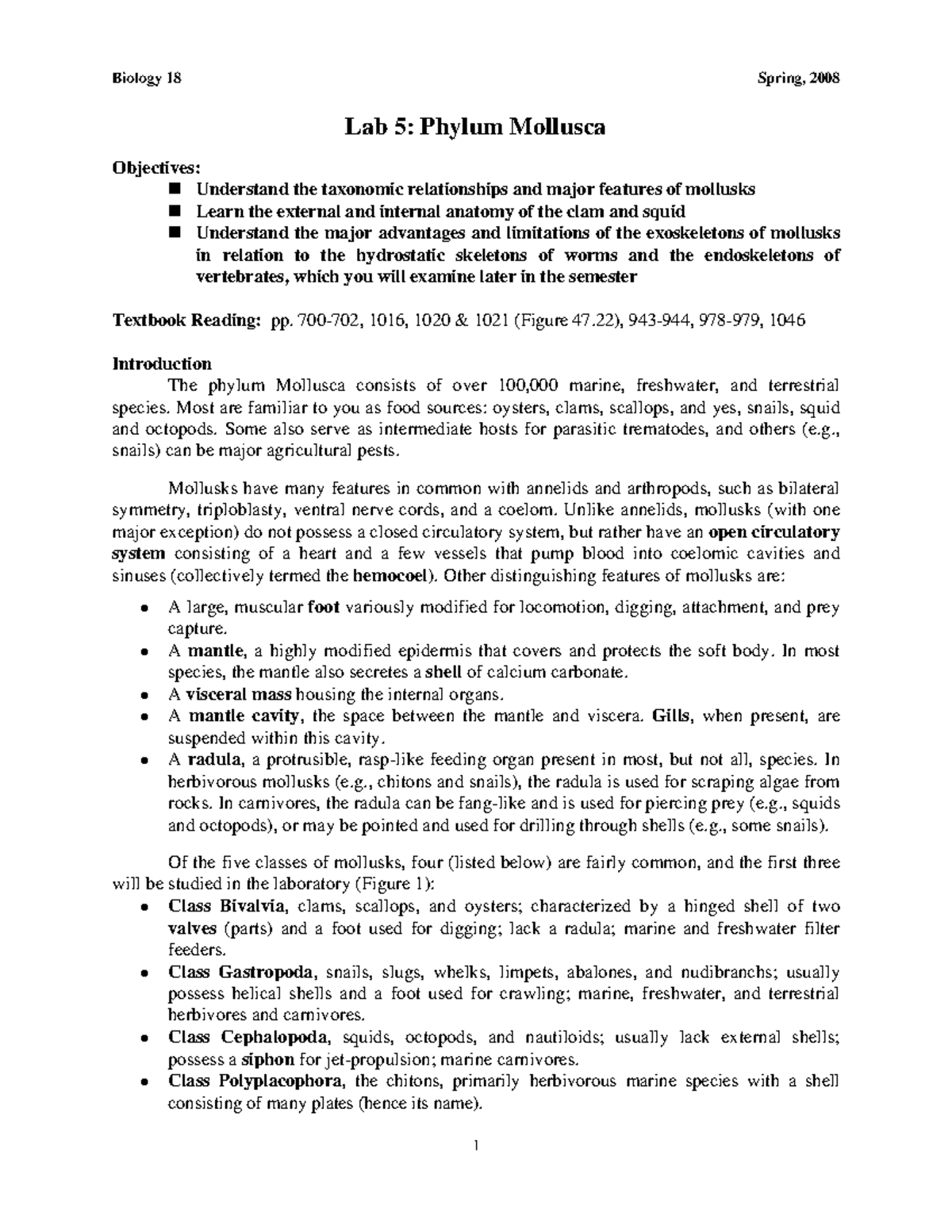 2008 Mollusks Manual - Phylum Notes - Biology 18 Spring, 2008 Lab 5 ...