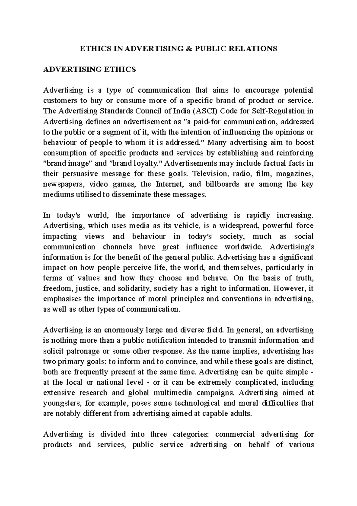 Ethics IN Advertising & Public Relations - ETHICS IN ADVERTISING ...