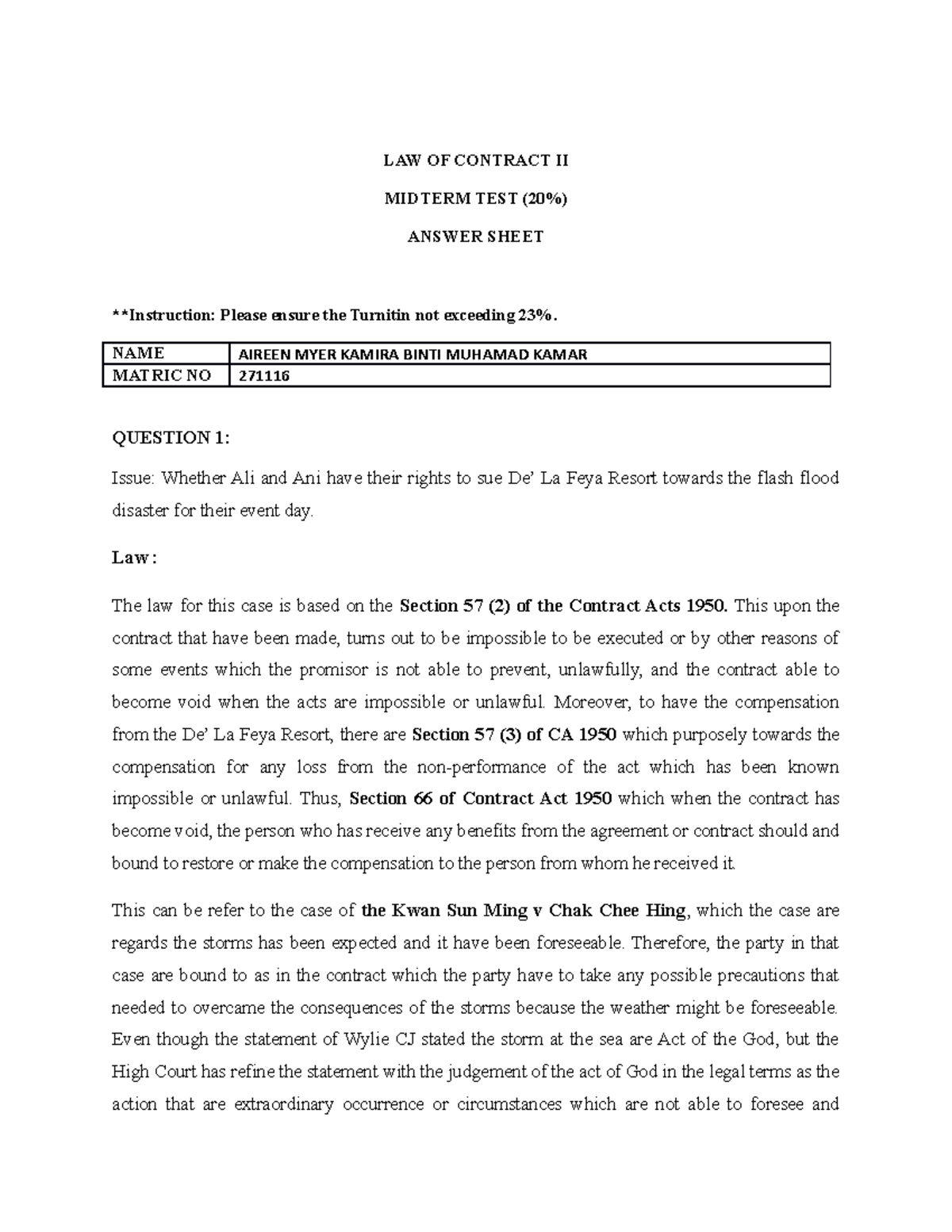 Midterm - a NSwer sheet - LAW OF CONTRACT II MIDTERM TEST (20%) ANSWER ...