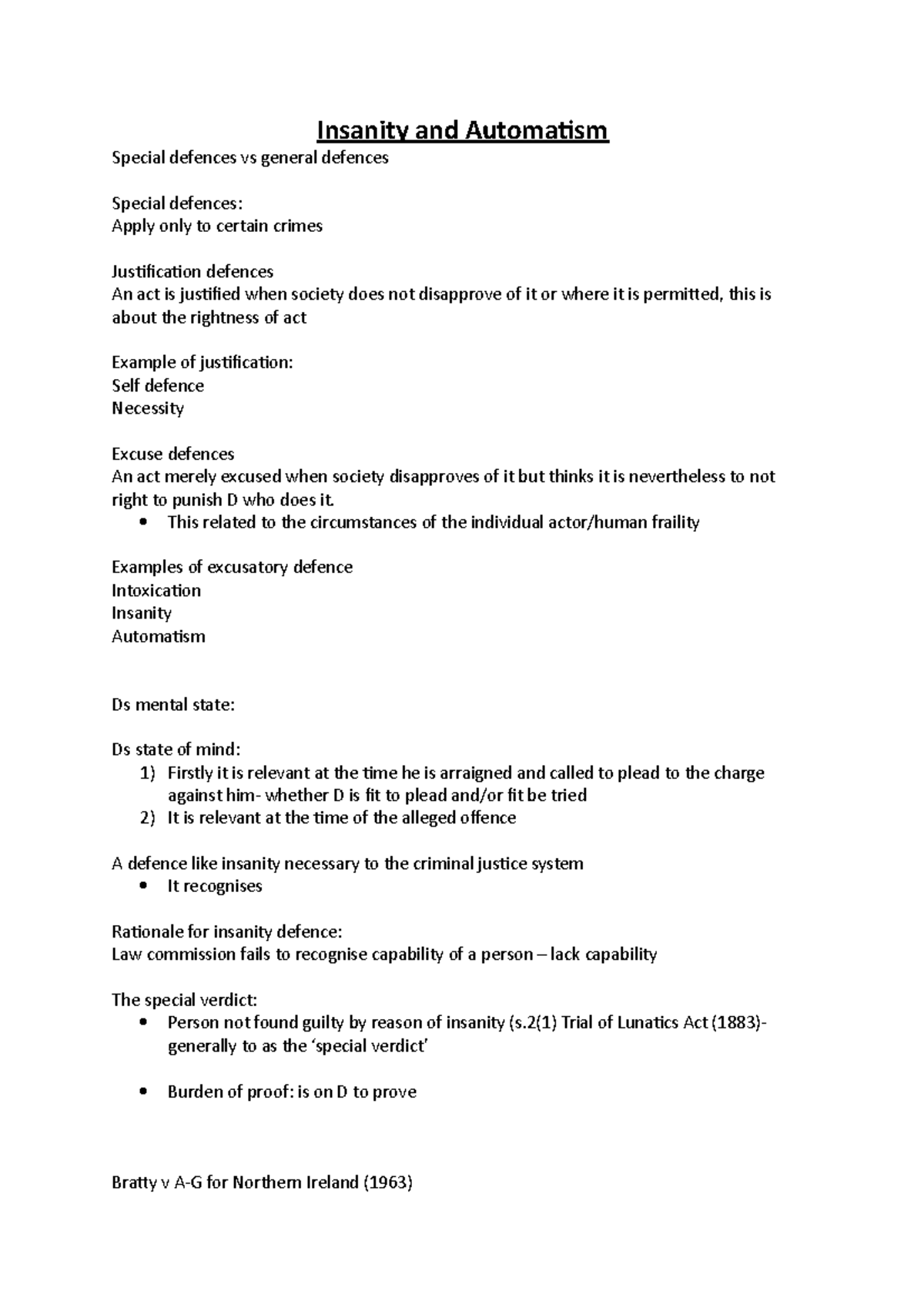 Insanity and Automatism - Insanity and Automatism Special defences vs ...