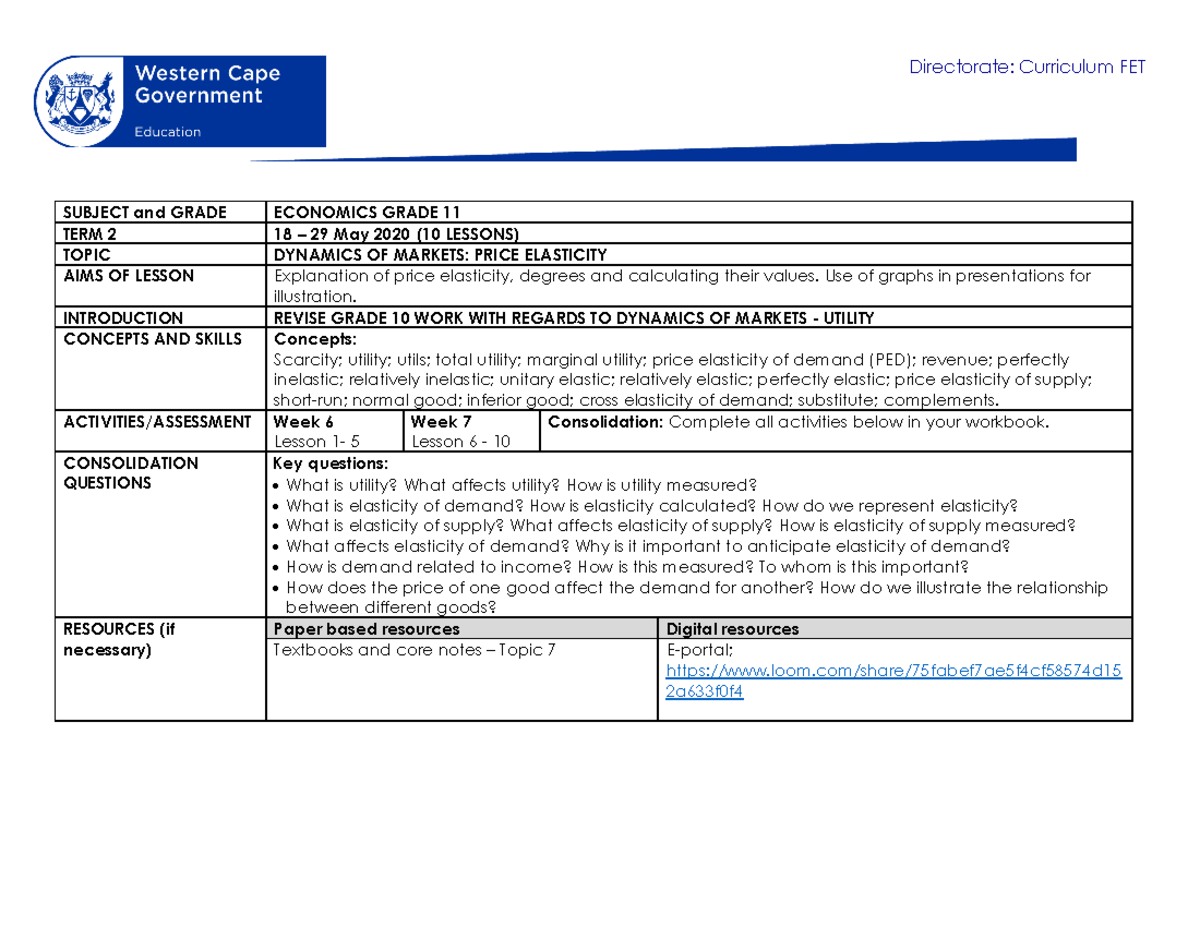 Grade 11 Lesson plan Week 6 & 7 - Directorate: Curriculum FET SUBJECT ...