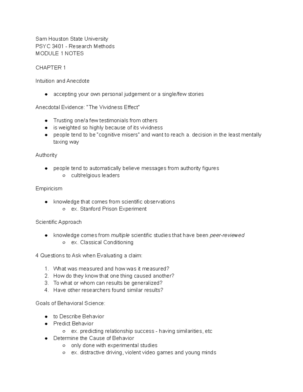 SHSU PSYC 3401 notes - module 1 - Sam Houston State University PSYC ...