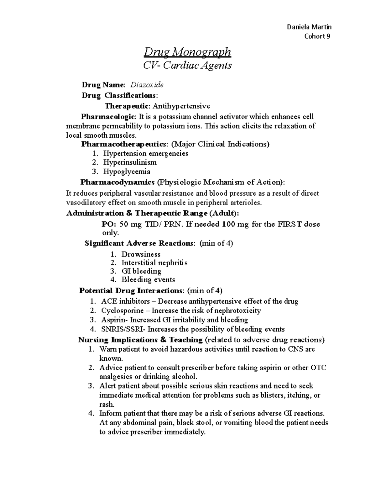 Drug Monograph - Daniela Martin Cohort 9 Drug Monograph CV- Cardiac ...