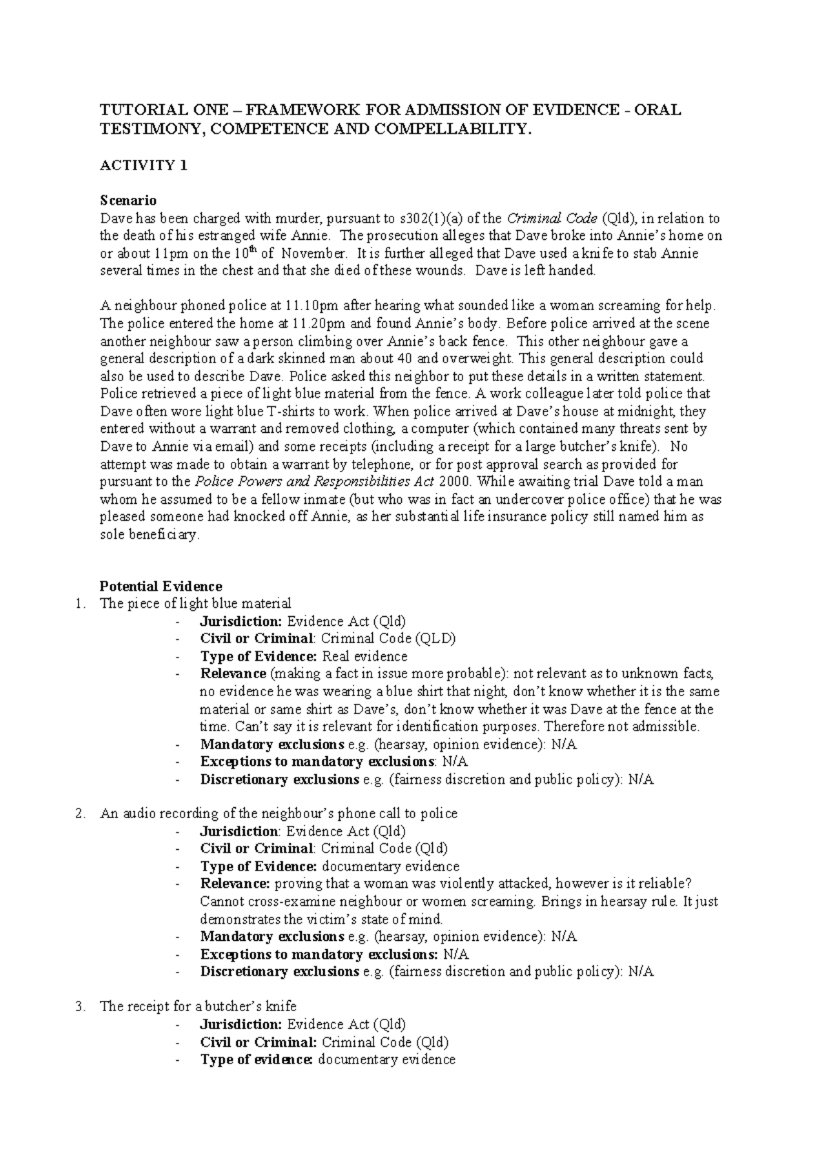 Tutorial Questions And Answers Evidence Tutorial One Framework