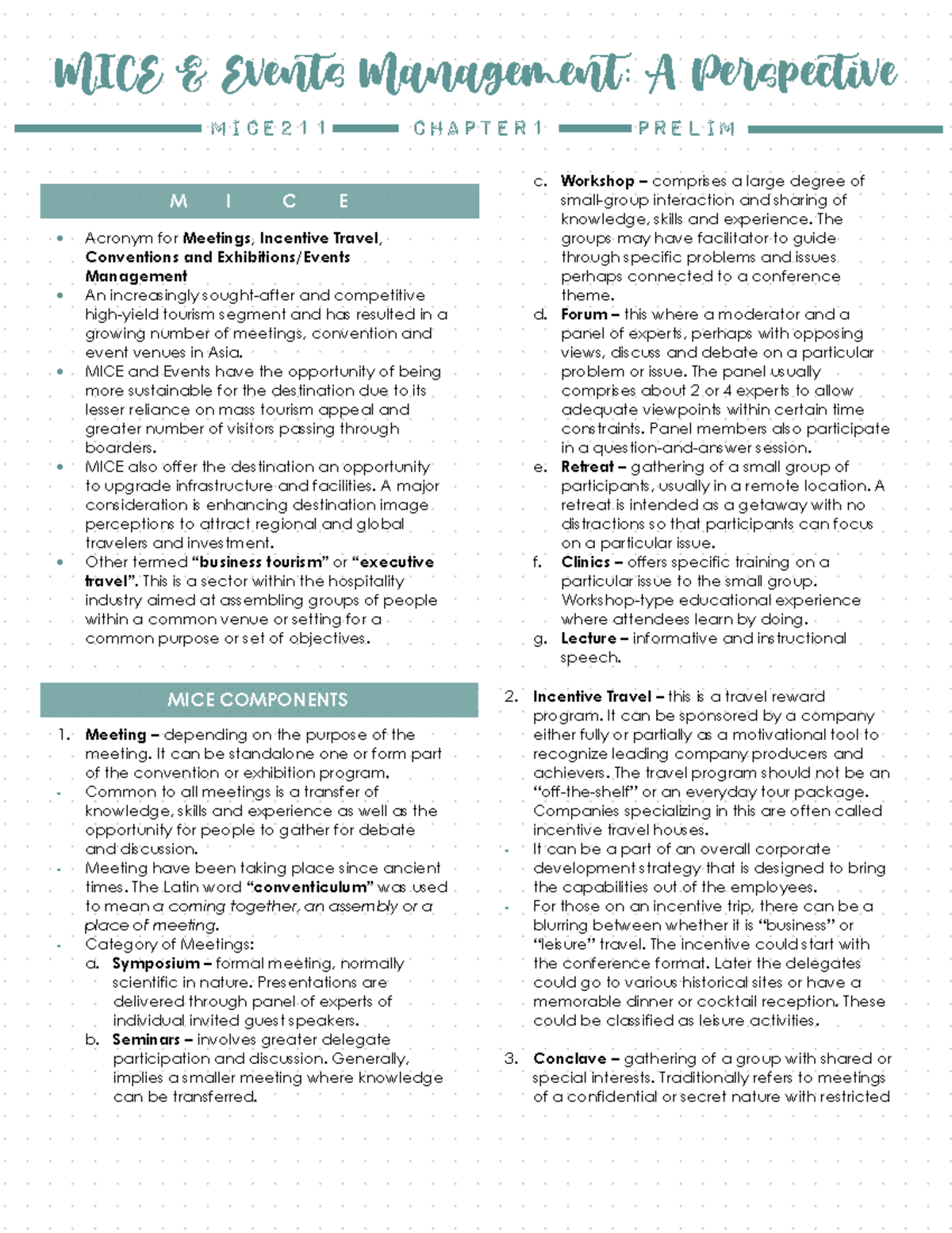 MICE Prelim - Lecture notes 1-5 - Acronym for Meetings, Incentive ...