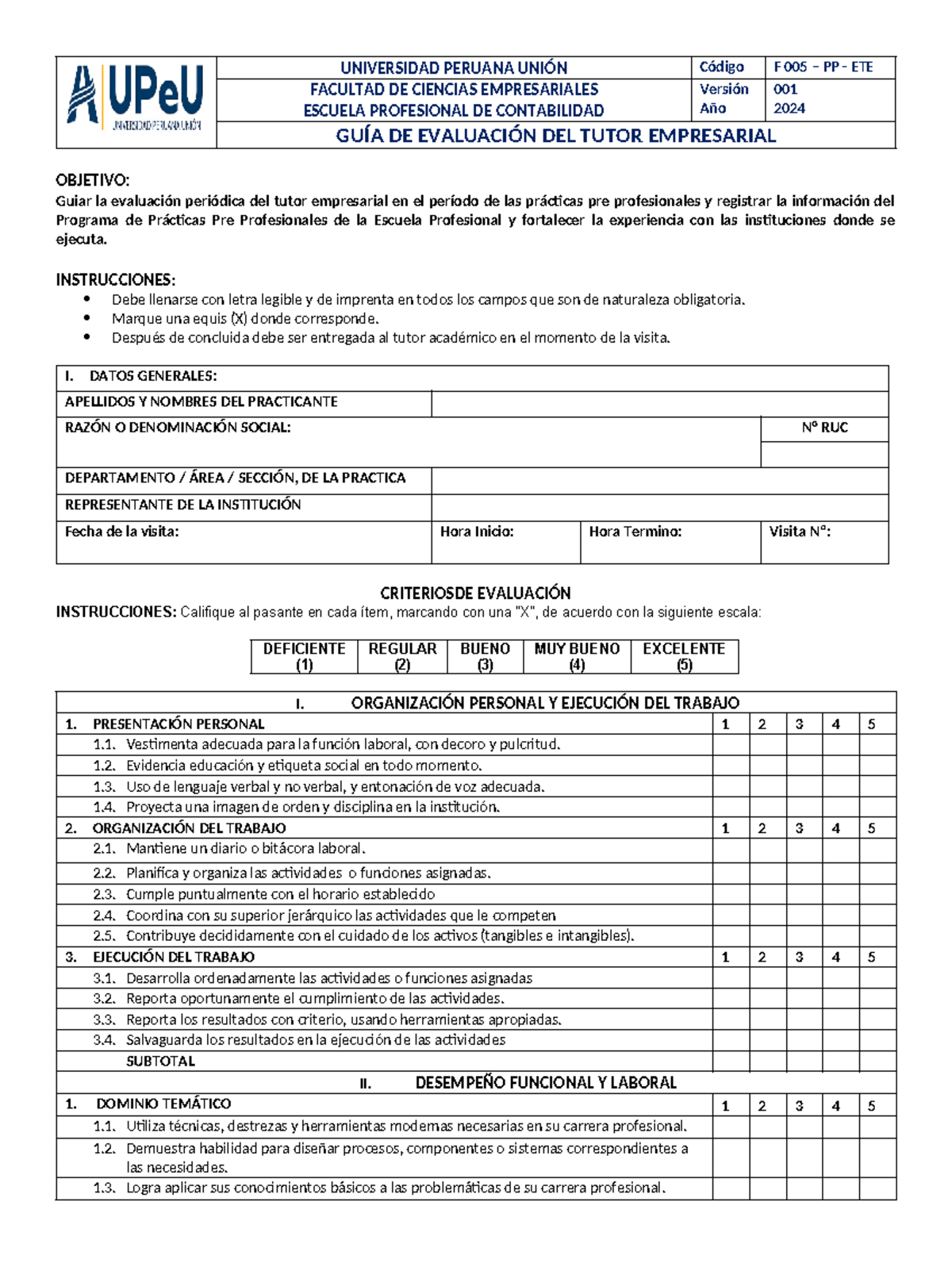 Formato 05 GUÍA DE Evaluación DEL Tutor Empresarial - UNIVERSIDAD PERUANA UNIÓN Código F 005 ...
