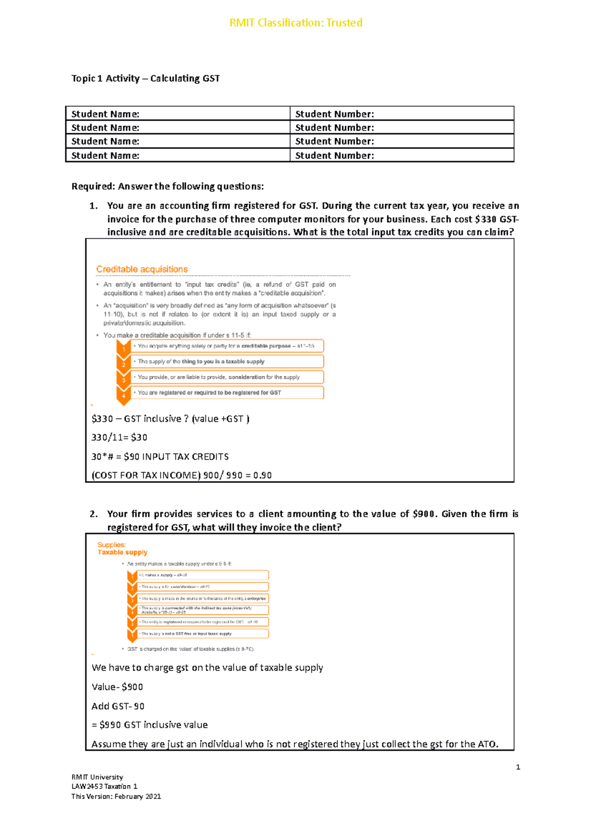Topic 1 Calculating GST - Topic 1 Activity – Calculating GST Student ...