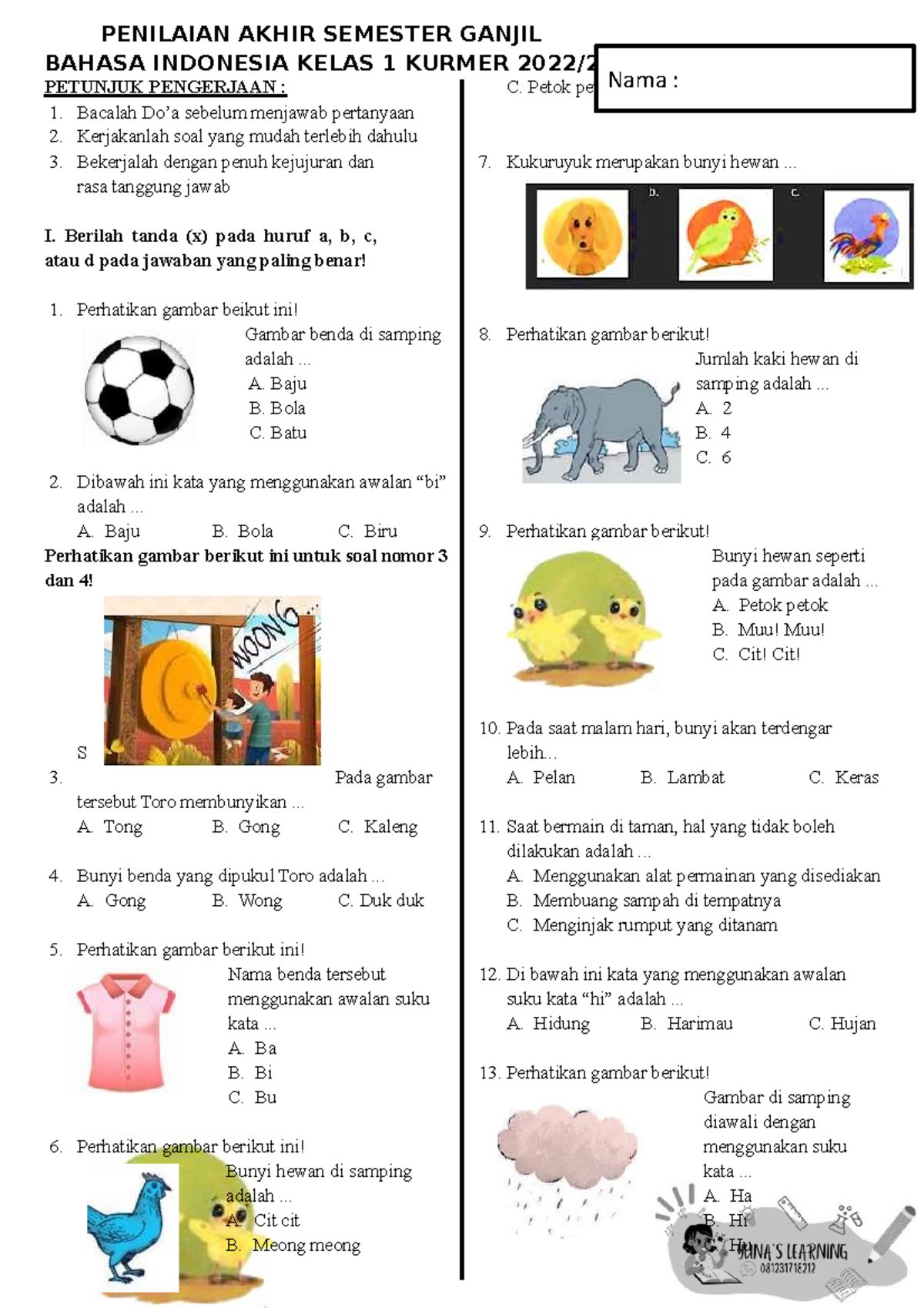 PAS B. INDO Kelas 1 Kurmer 2022 - PENILAIAN AKHIR SEMESTER GANJIL BAHASA INDONESIA KELAS 1 ...