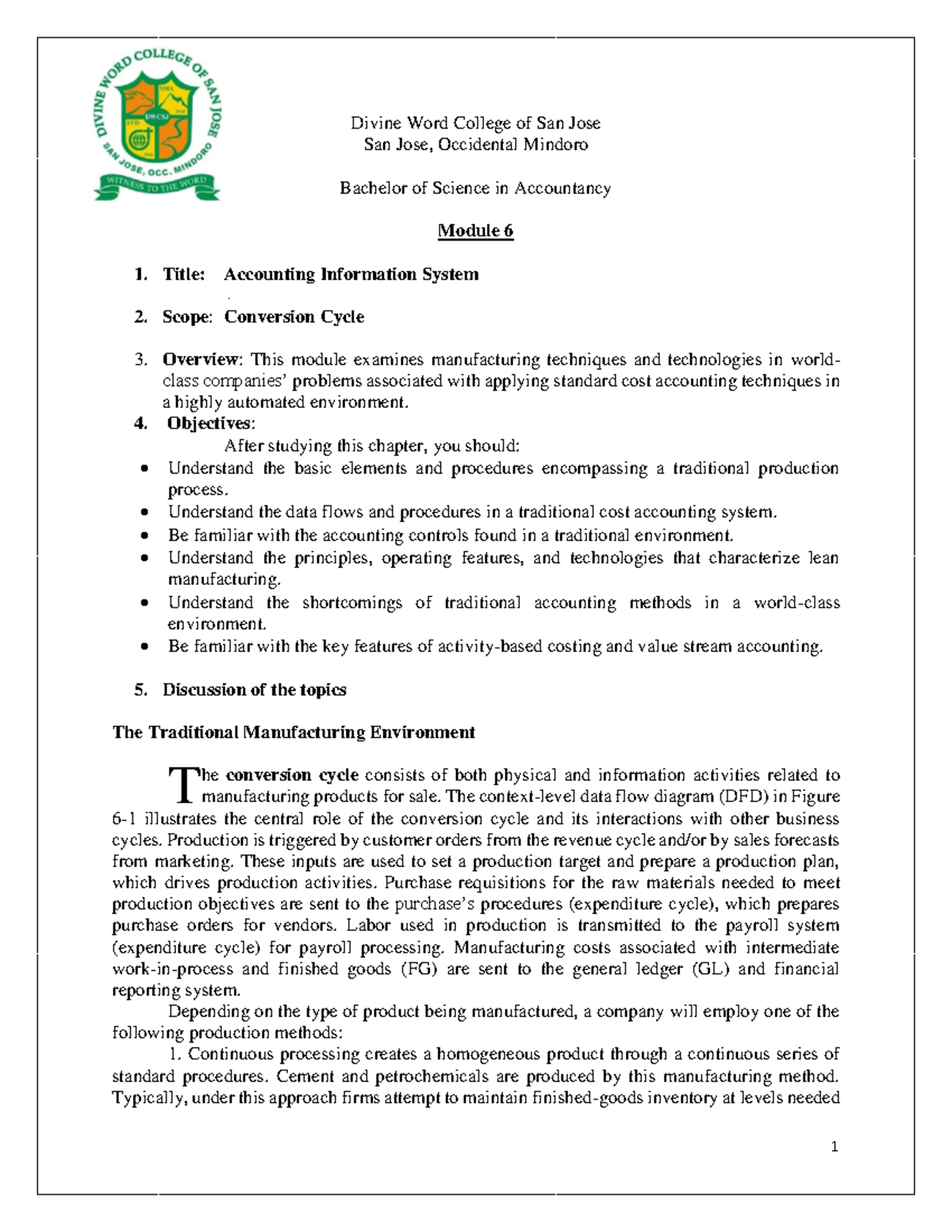 AIS- Module-6 - Divine Word College of San Jose San Jose, Occidental Mindoro Bachelor of Science ...