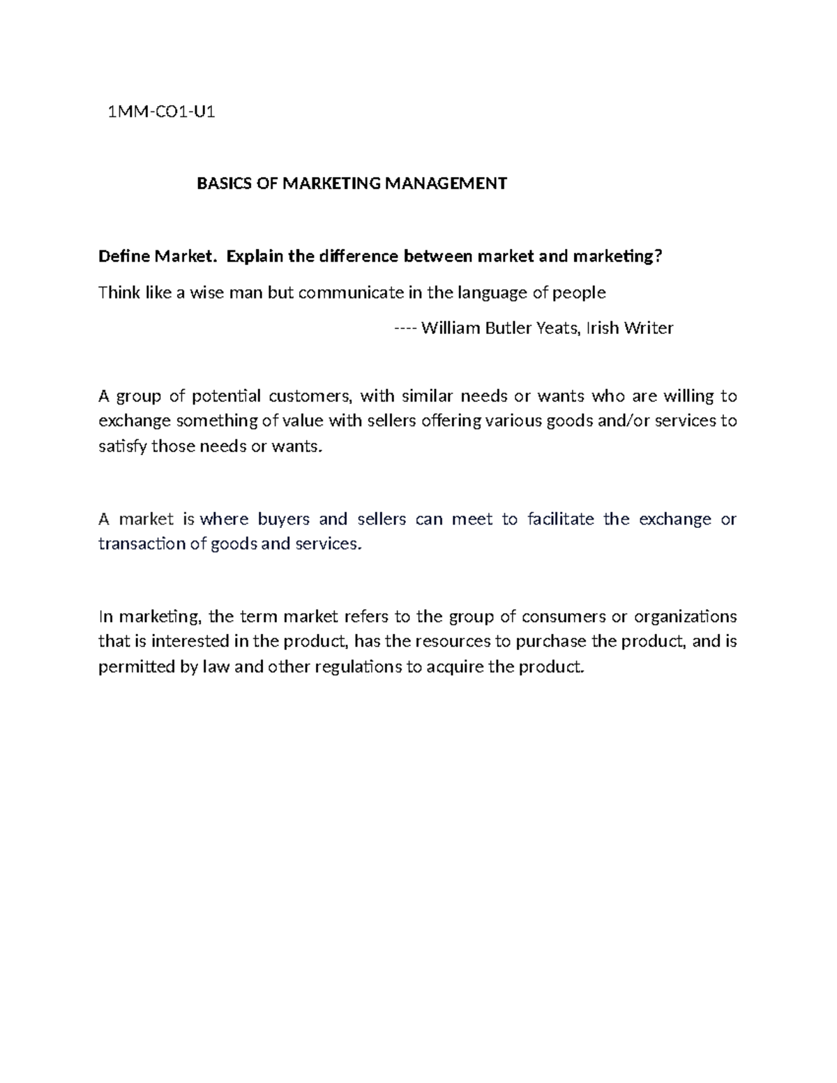 01-MM-CO1-U1 - Basics of Marketing Management - 1MM-CO1-U BASICS OF ...