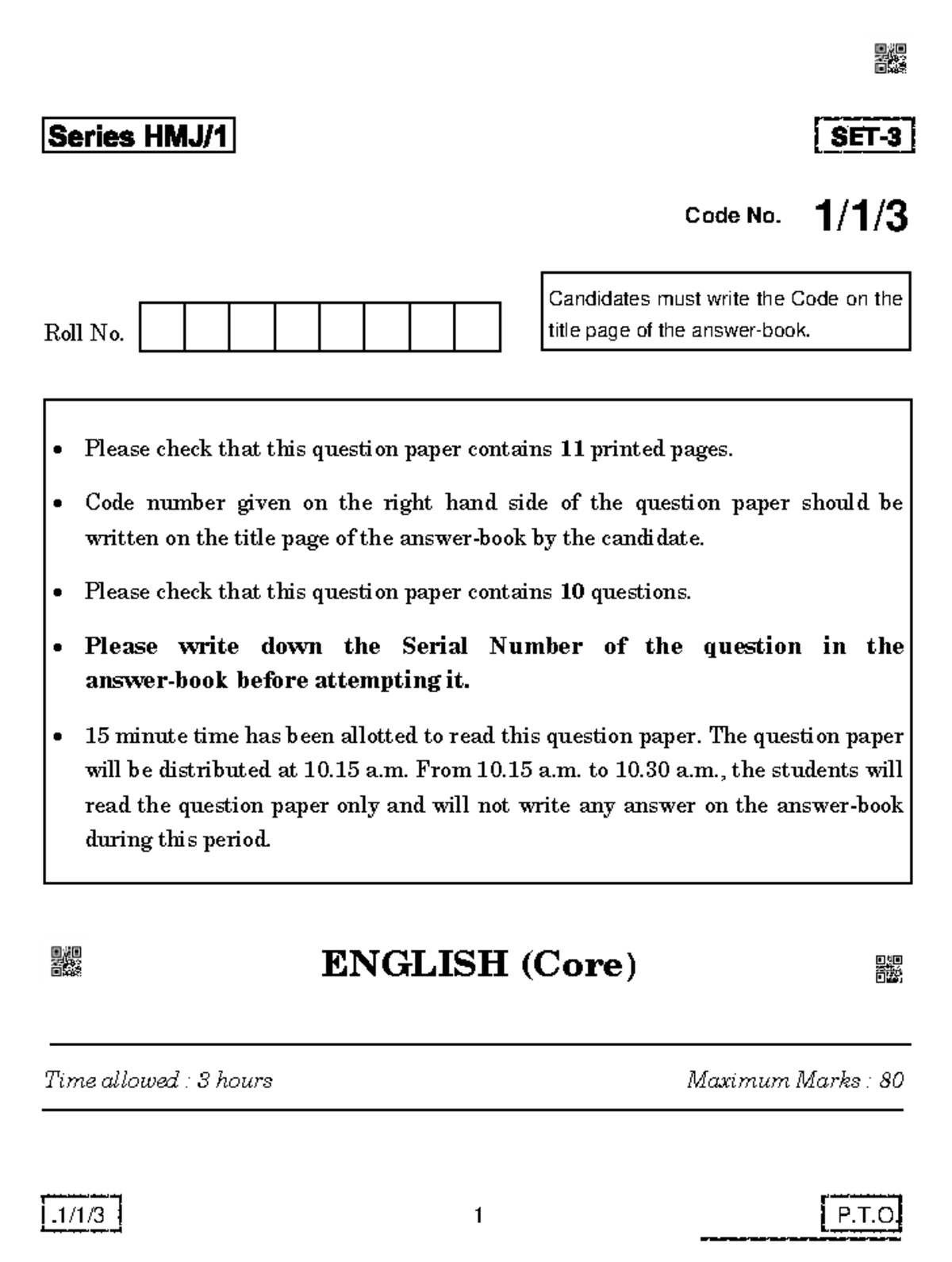 1-1-3 English Core - .1/1/3 1 P.T. Candidates must write the Code on ...