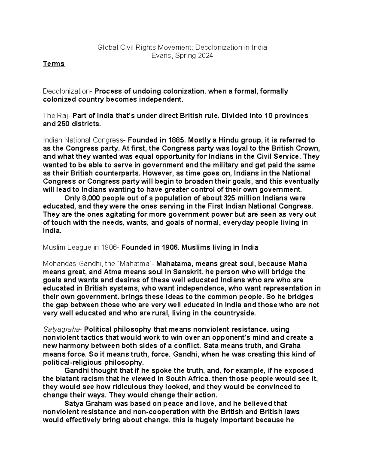 Gandhi and Decolonization in India Lecture Guide - Global Civil Rights ...