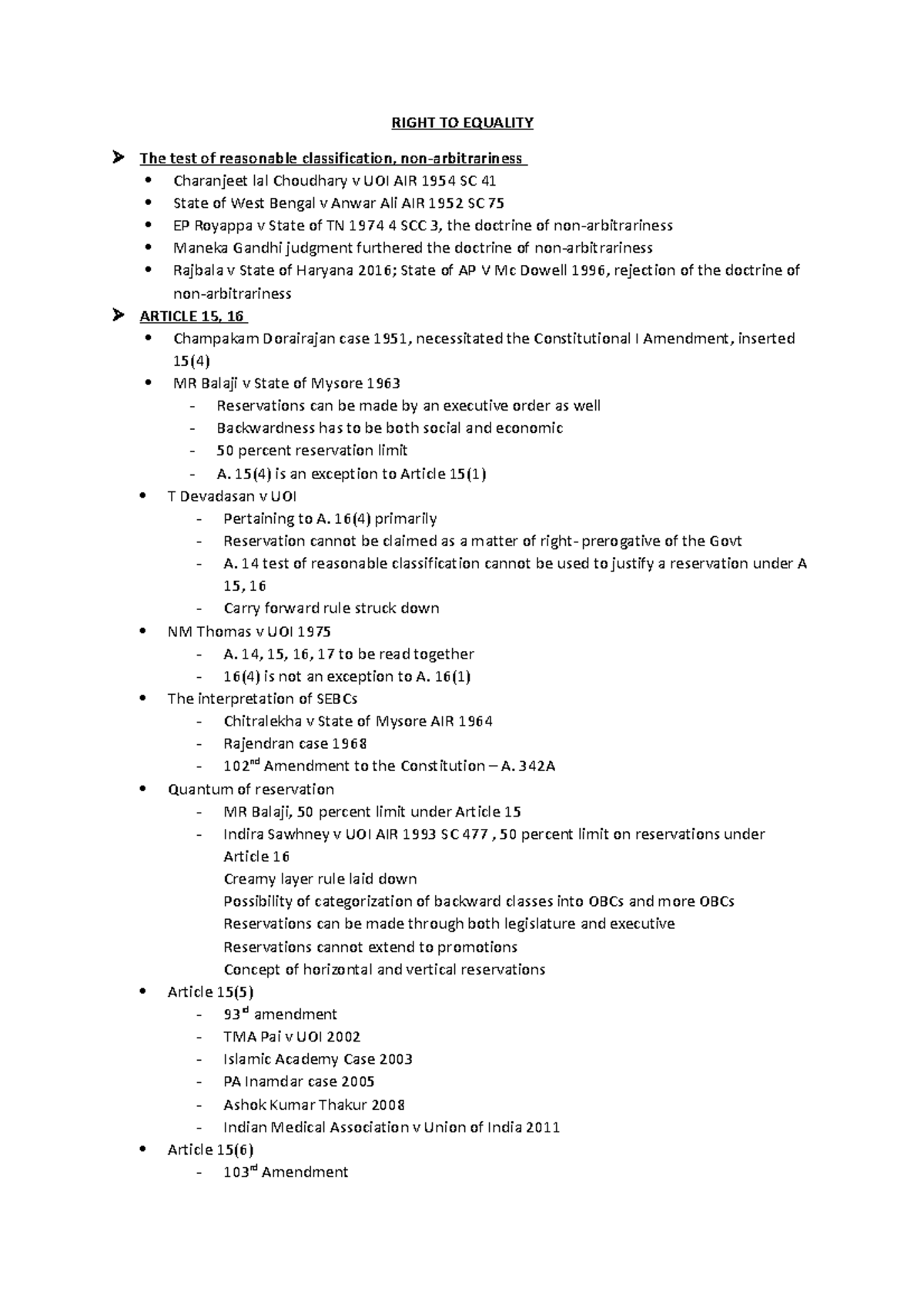 Right TO Equality - constitutional law - RIGHT TO EQUALITY The test of ...