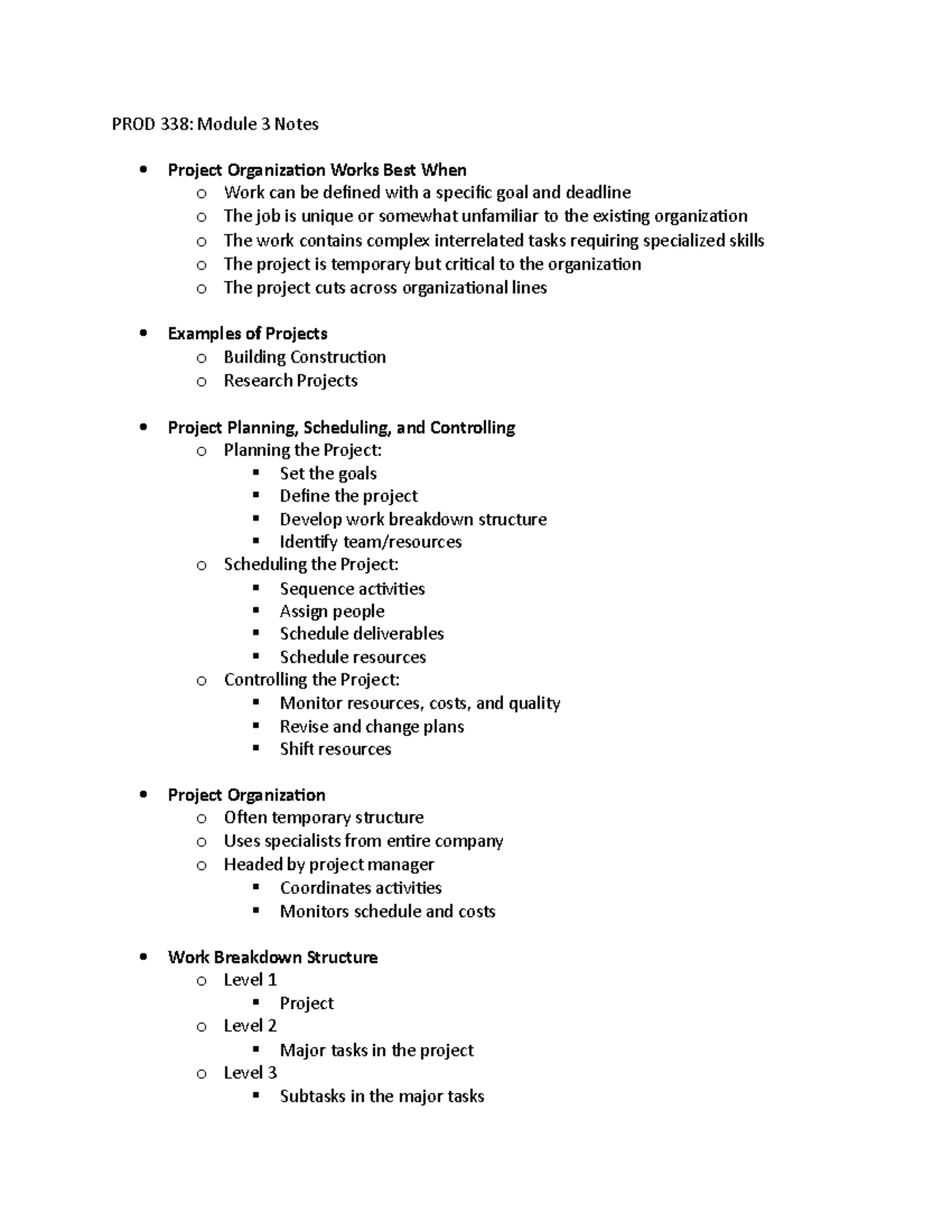 PROD 338 Module 3 Notes - PROD 338: Module 3 Notes Project Organizaion ...