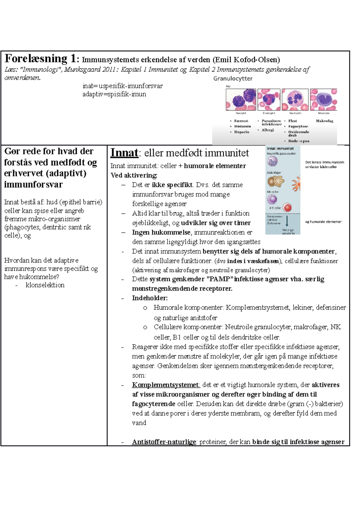 Immunologi Forelæsning 1 - Forelæsning 1: Immunsystemets erkendelse af ...