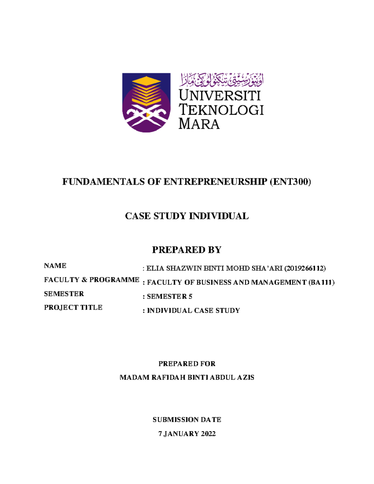 ENT CASE Study 2019 266112 ELIA Shazwin Binti MOHD SHA'ARI ...